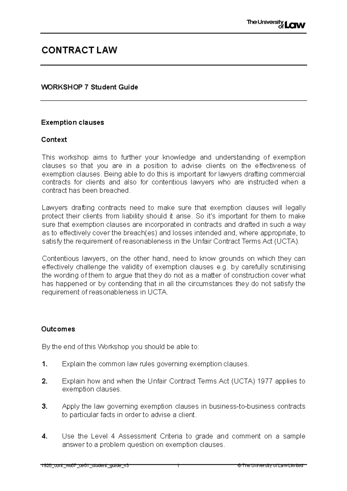 1920 cont ws07 ce01 student guide v3 - CONTRACT LAW WORKSHOP 7 Student Guide Exemption clauses ...