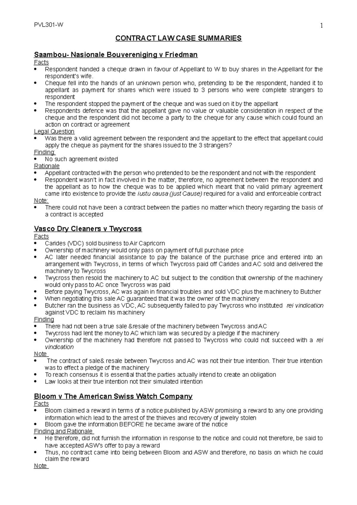 PVL3702-contract cases - CONTRACT LAW CASE SUMMARIES Saambou- Nasionale ...