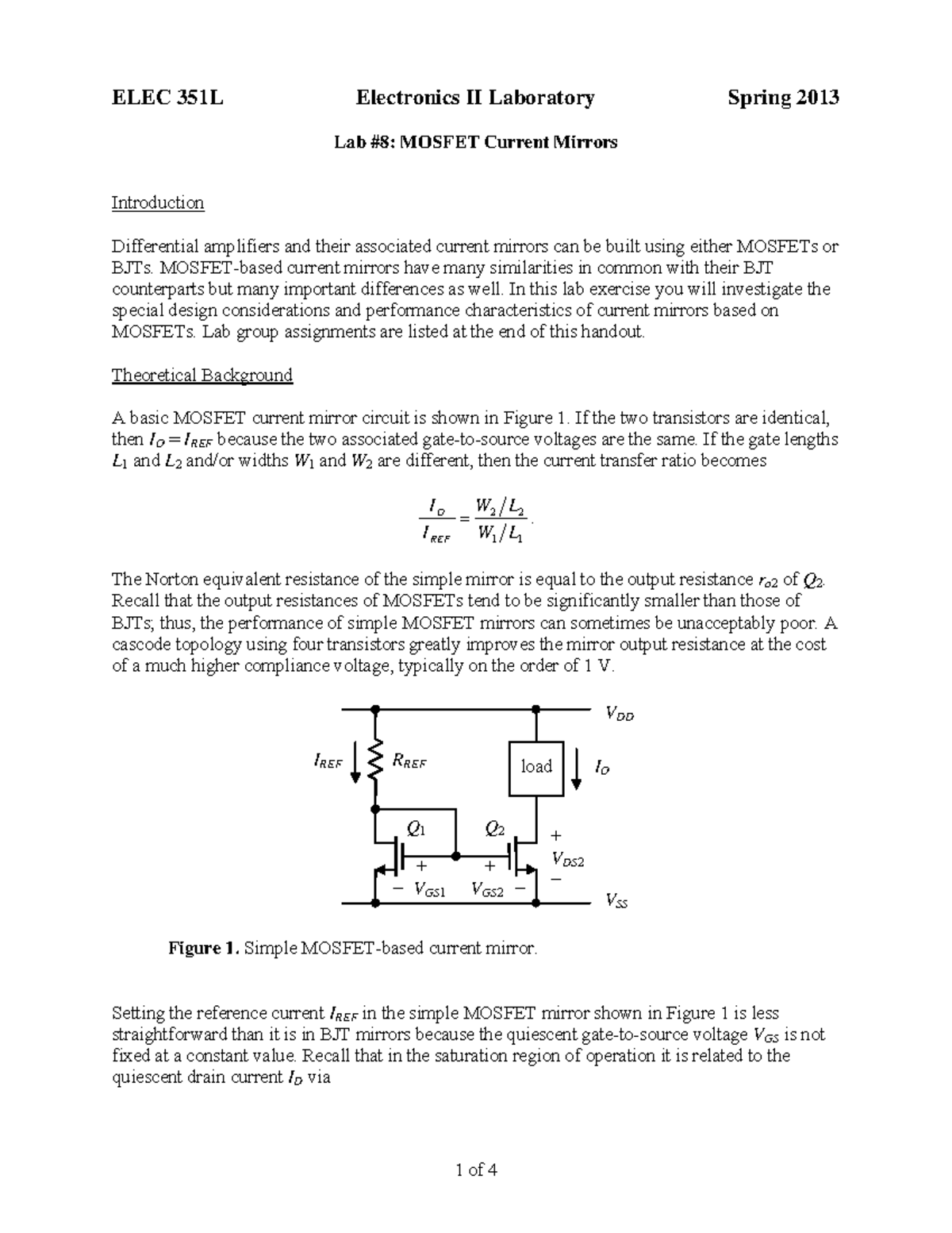 Manual for MOSFET Current source - ELEC 351L Electronics II Laboratory Spring 2013 Lab #8 ...