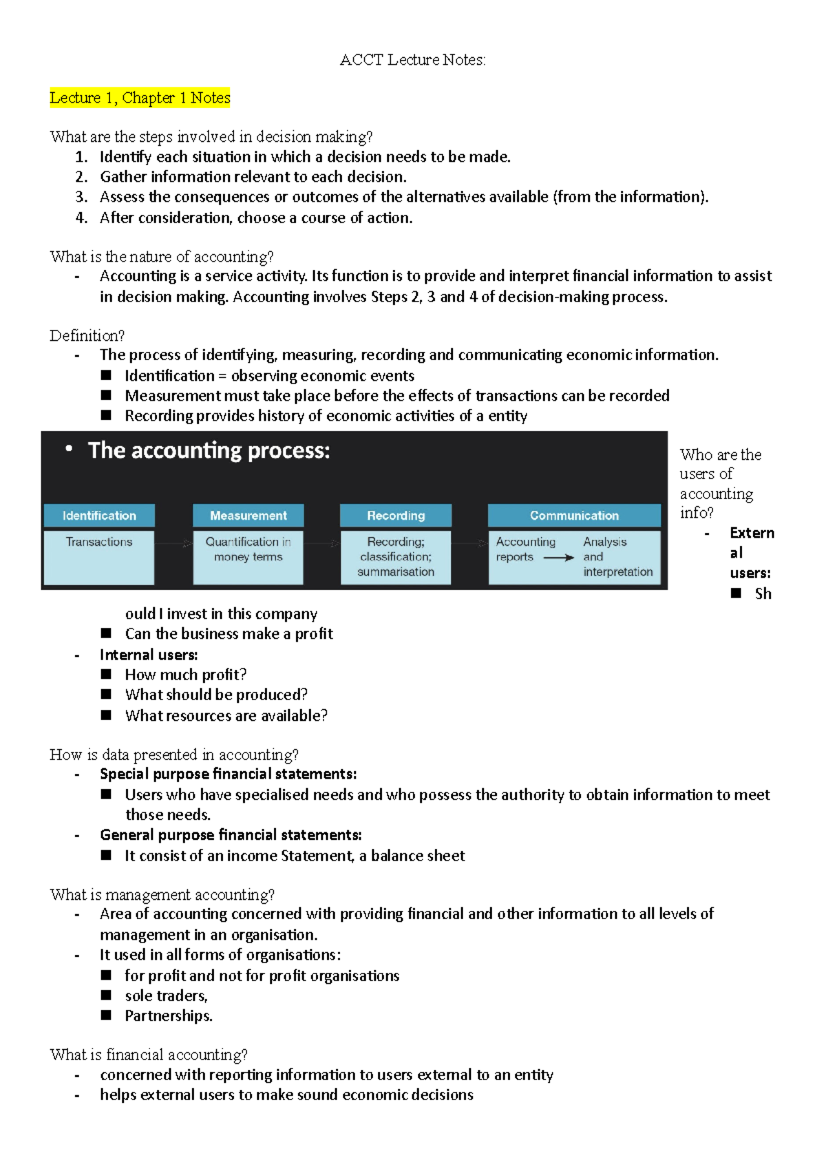 Acct Lecture Notes Acct Lecture Notes Lecture 1 Chapter 1 Notes