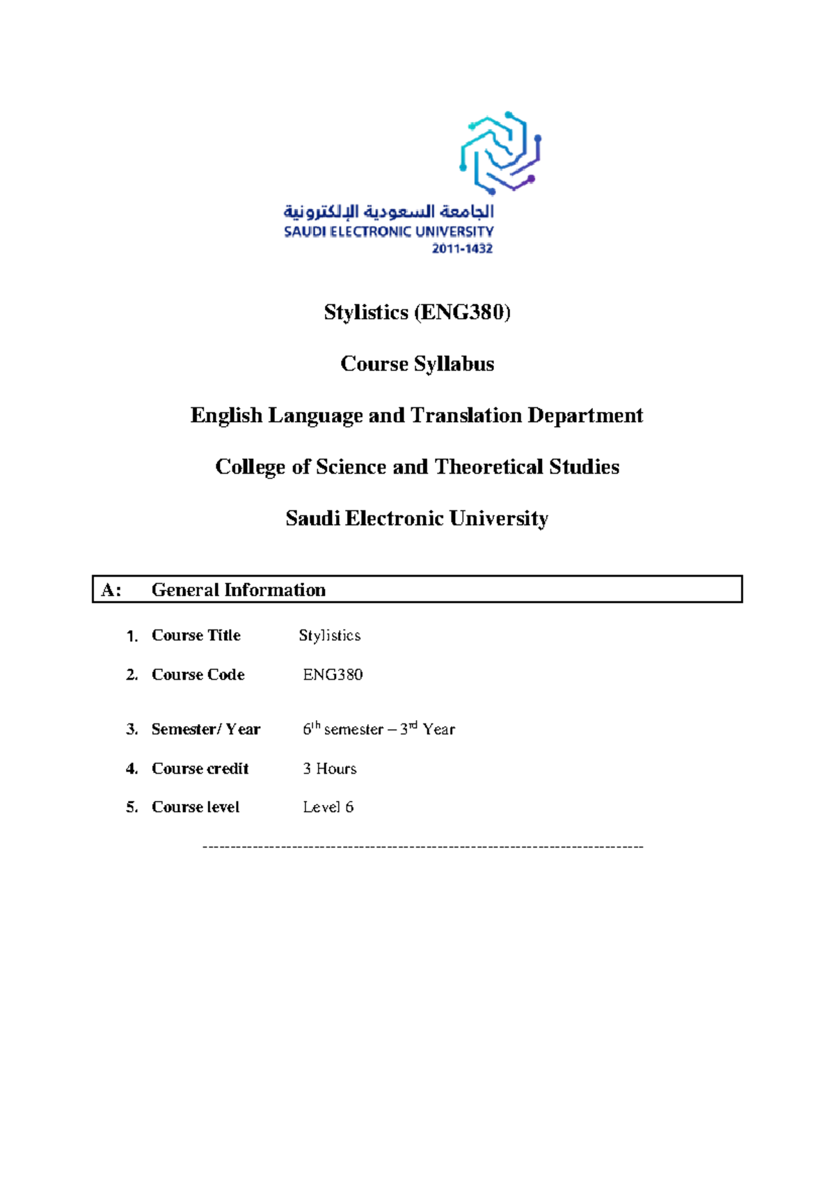 Eng380-course-syllabus - Stylistics (ENG380) Course Syllabus English ...