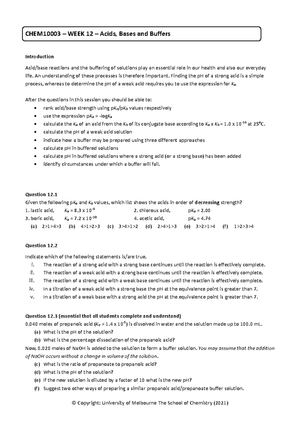 Week 12 Tutorial Questions - CHEM10003 - Unimelb - Studocu