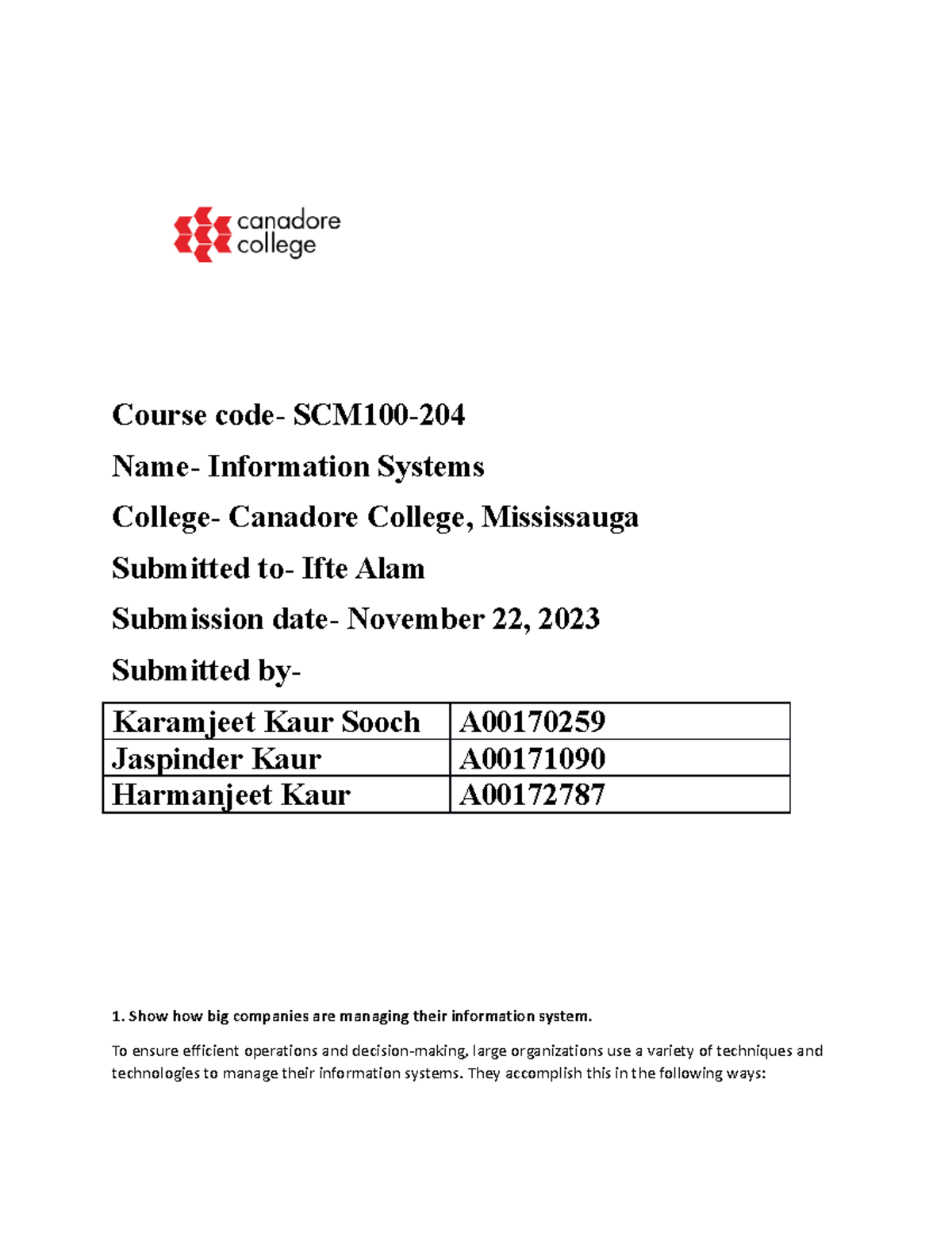 Final assignment Information Systems - Course code- SCM100- Name ...