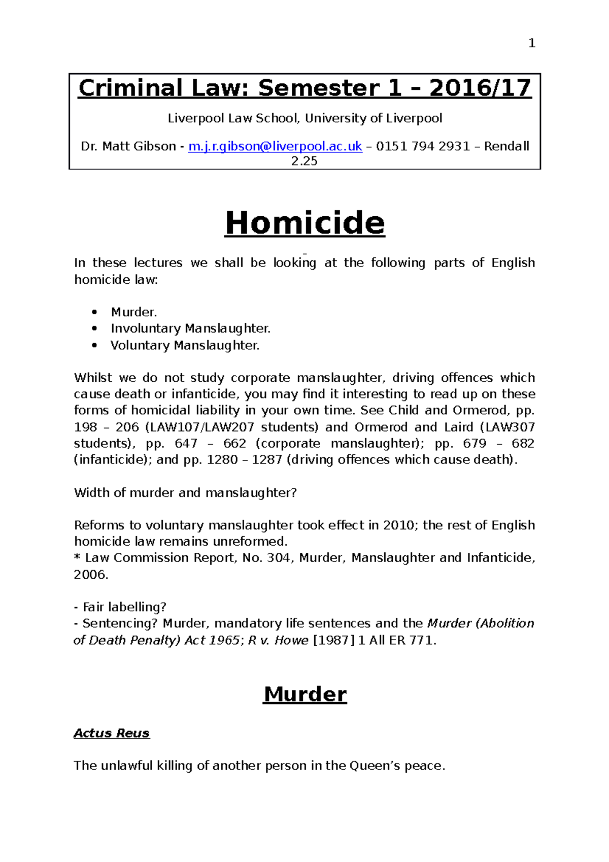 Homicide Handout - Criminal Law: Semester 1 – 2016/ Liverpool Law ...