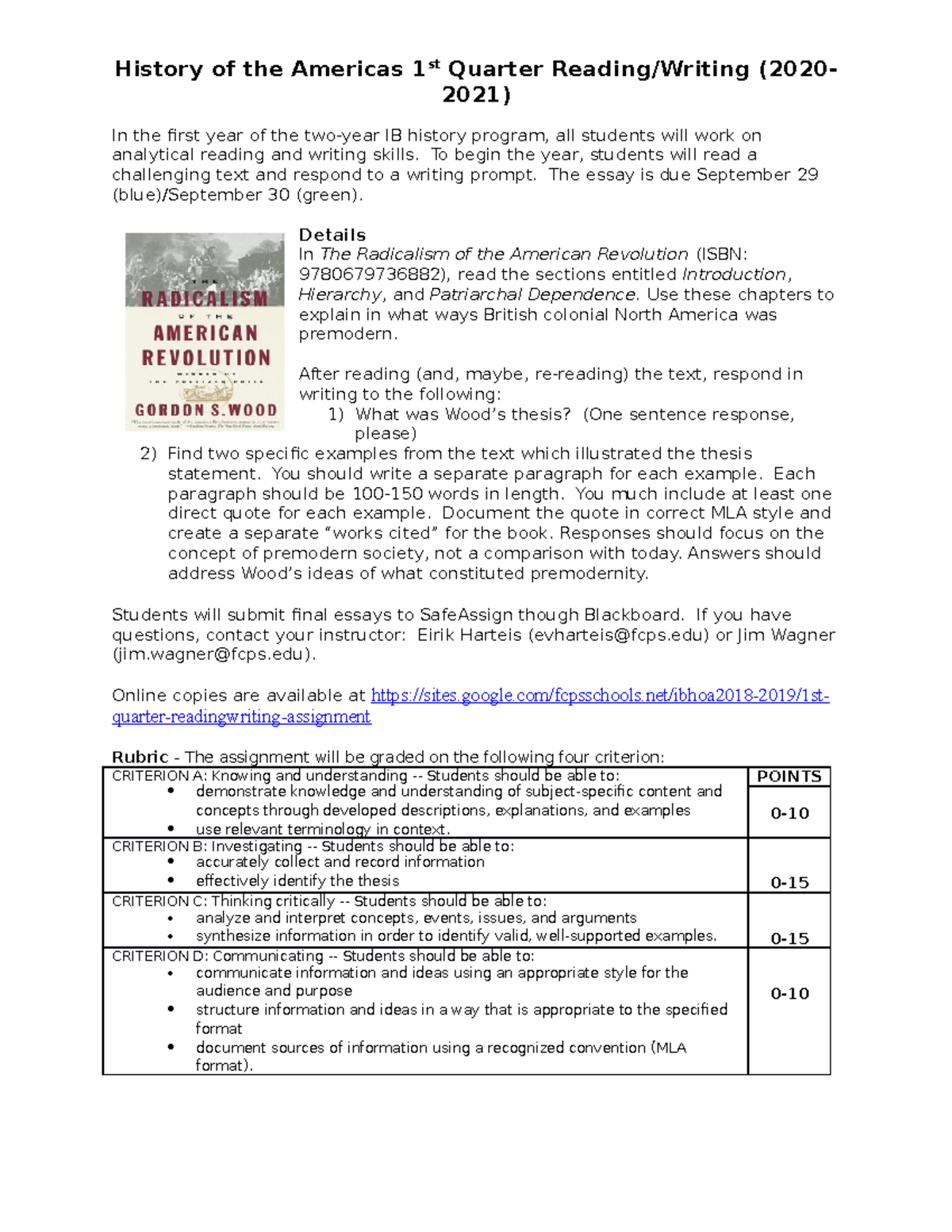 History of the Americas 1st Quarter Reading and Writing 2020-2021 ...