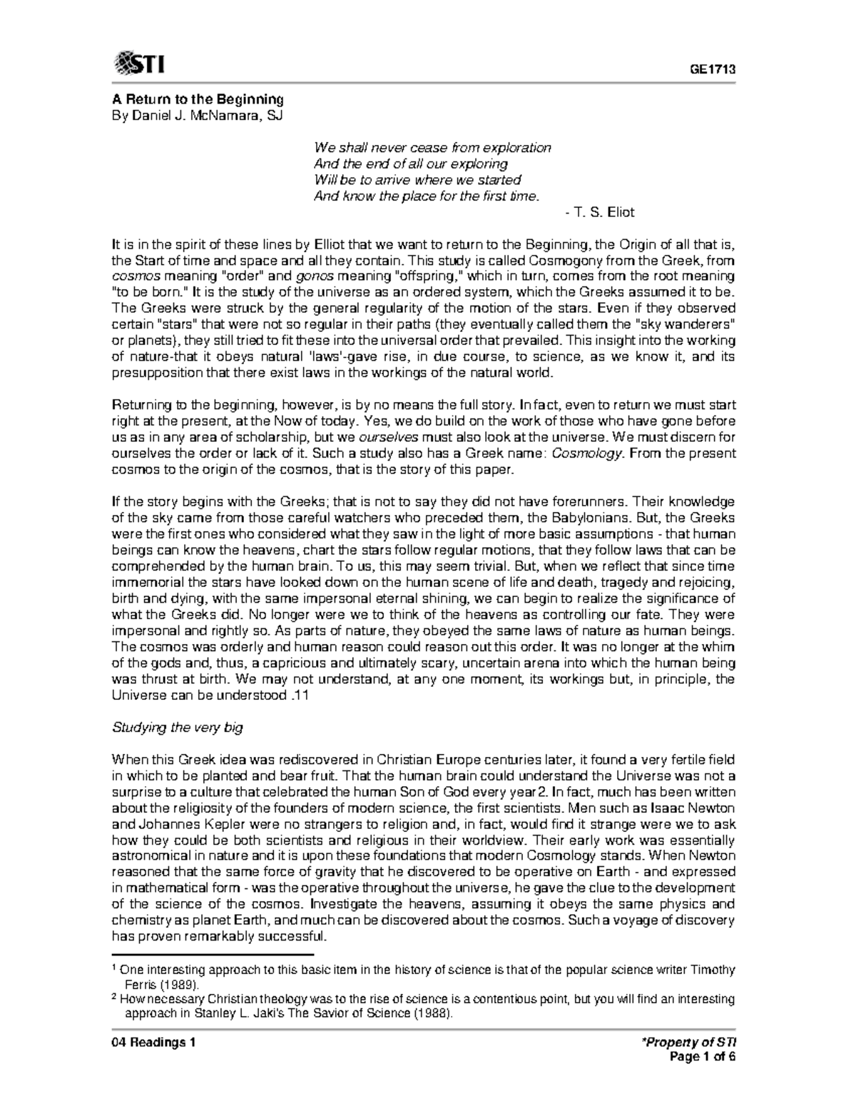 A Return to the beginning - 04 Readings 1 *Property of STI A Return to ...