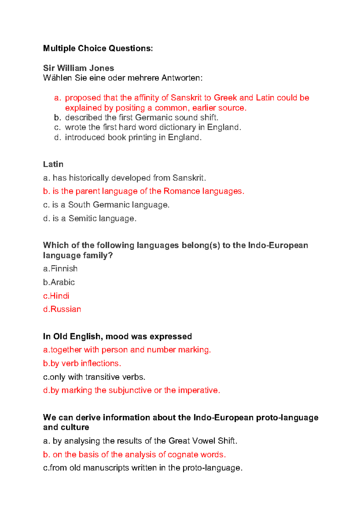 Multiple Choice Questions - History of English - Multiple Choice ...