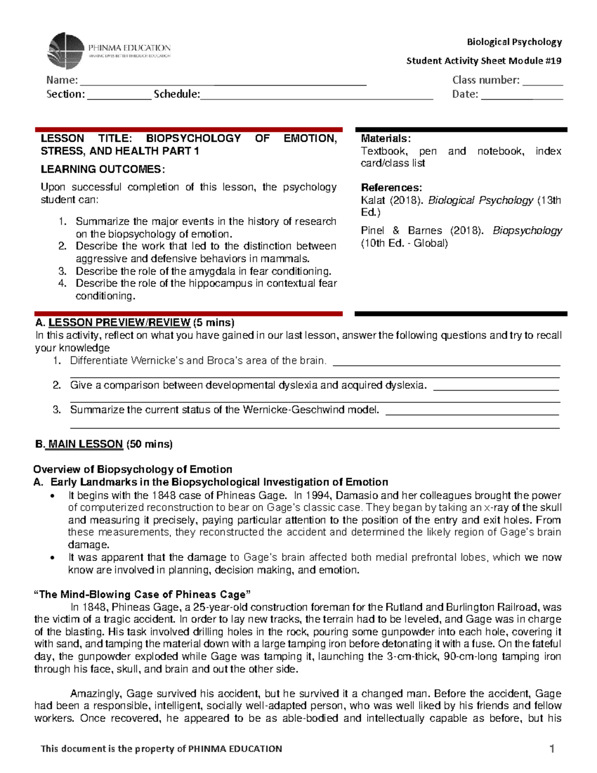 SAS Module 19 Biopsychology OF Emotion Stress AND Health PART 1 - Student Activity Sheet Module ...