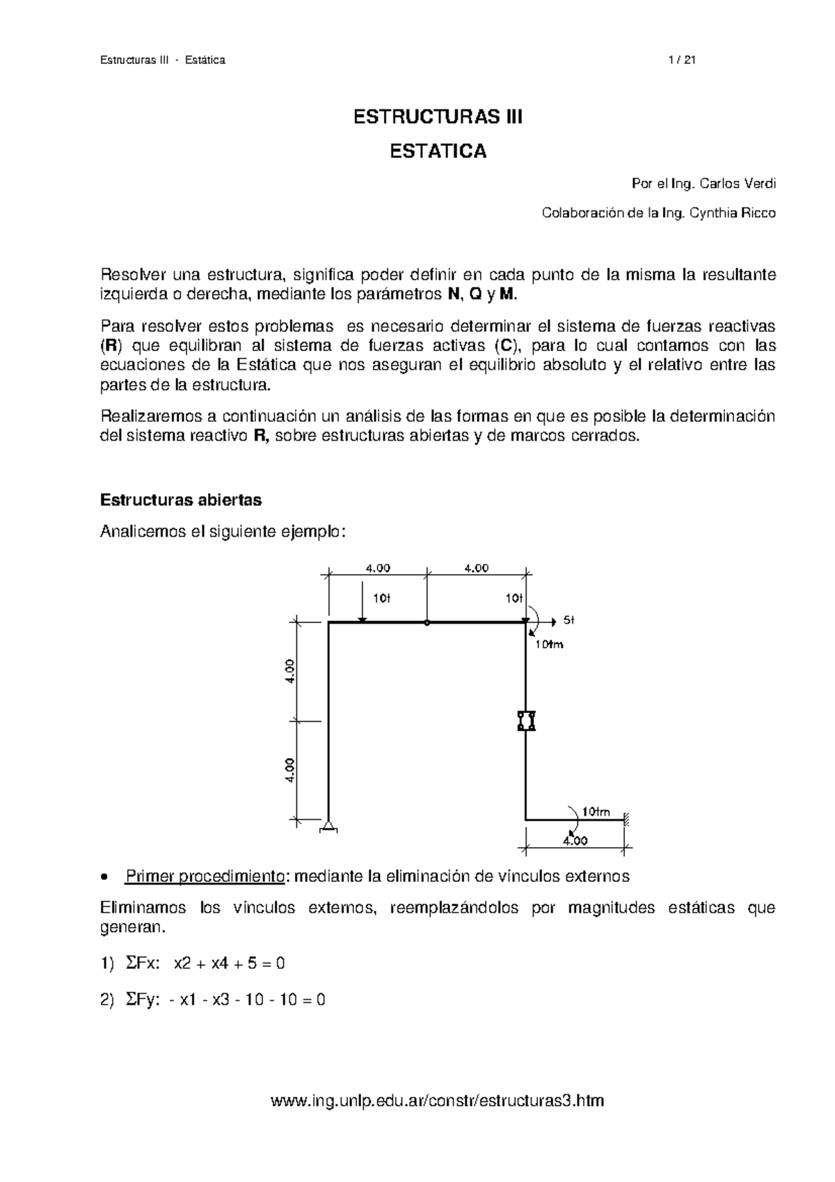 E3-U0-est - estatica - Estructuras III - Estática 1 / 21 ESTRUCTURAS III ESTATICA Por el Ing ...