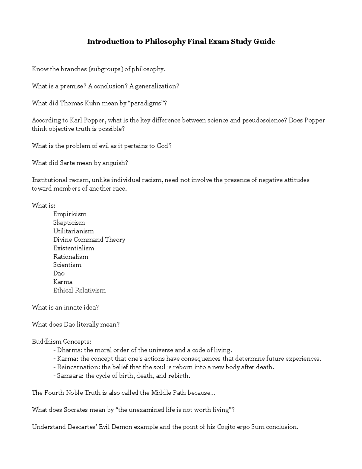 Final Exam Study Guide - Introduction to Philosophy Final Exam Study ...