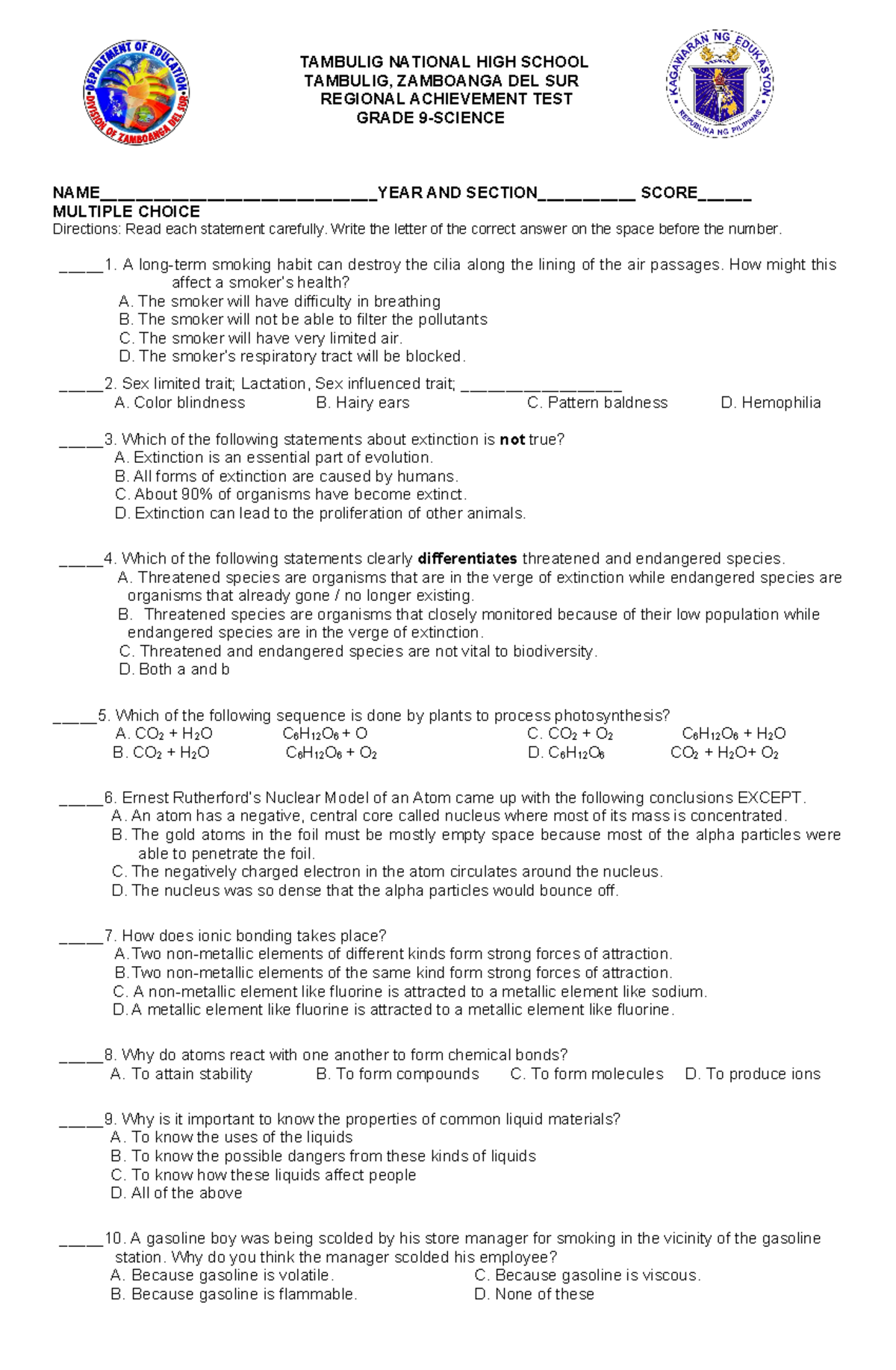 Grade 9 science RAT TQ - TAMBULIG NATIONAL HIGH SCHOOL TAMBULIG ...