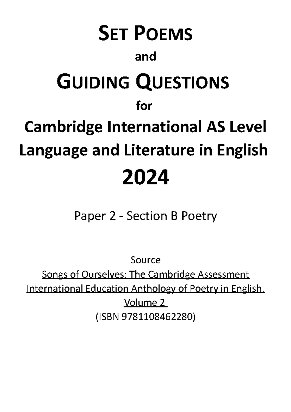 2024 Poetry Set Texts - SET POEMS and GUIDING QUESTIONS for Cambridge ...