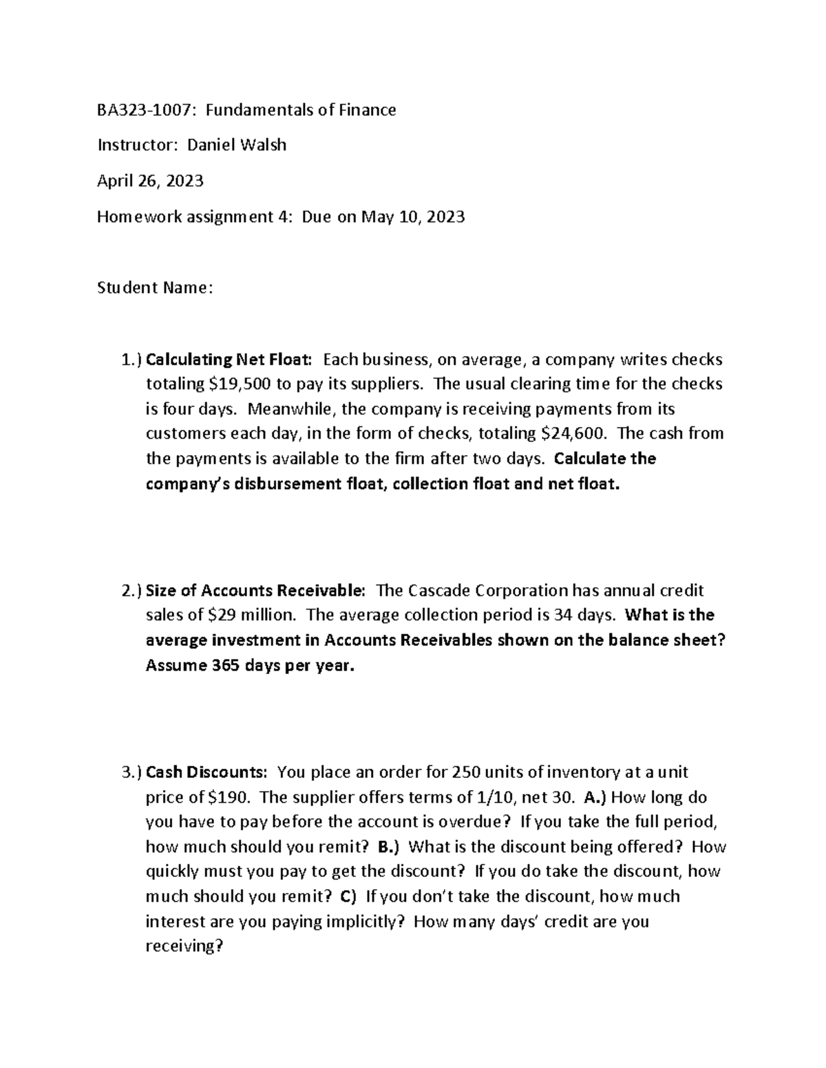 Homework Assignment 4 Ba323‐1007 Fundamentals Of Finance Instructor Daniel Walsh April 26