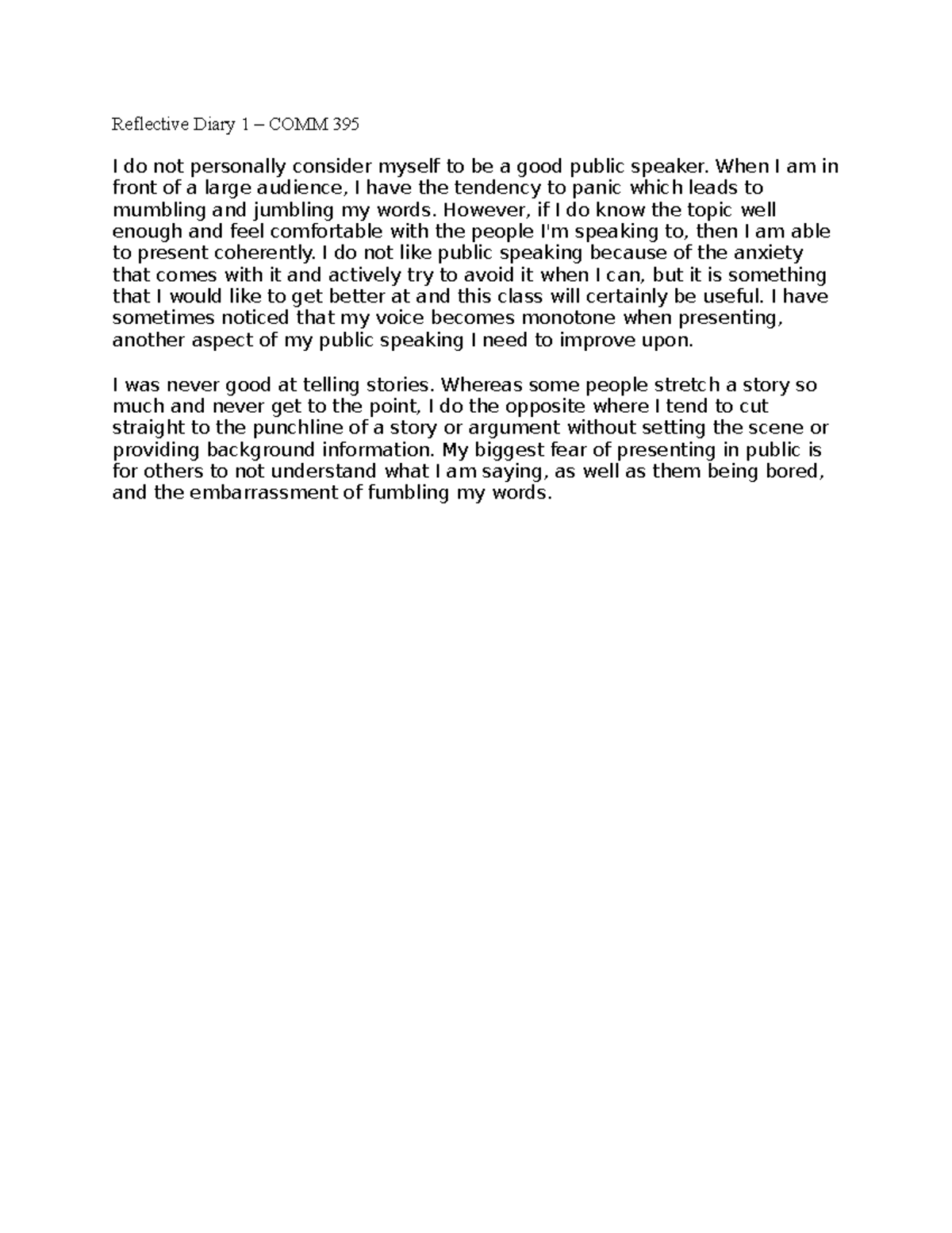 Reflective Diary 1 - comm 395 - COMM 395 - UBC - Studocu