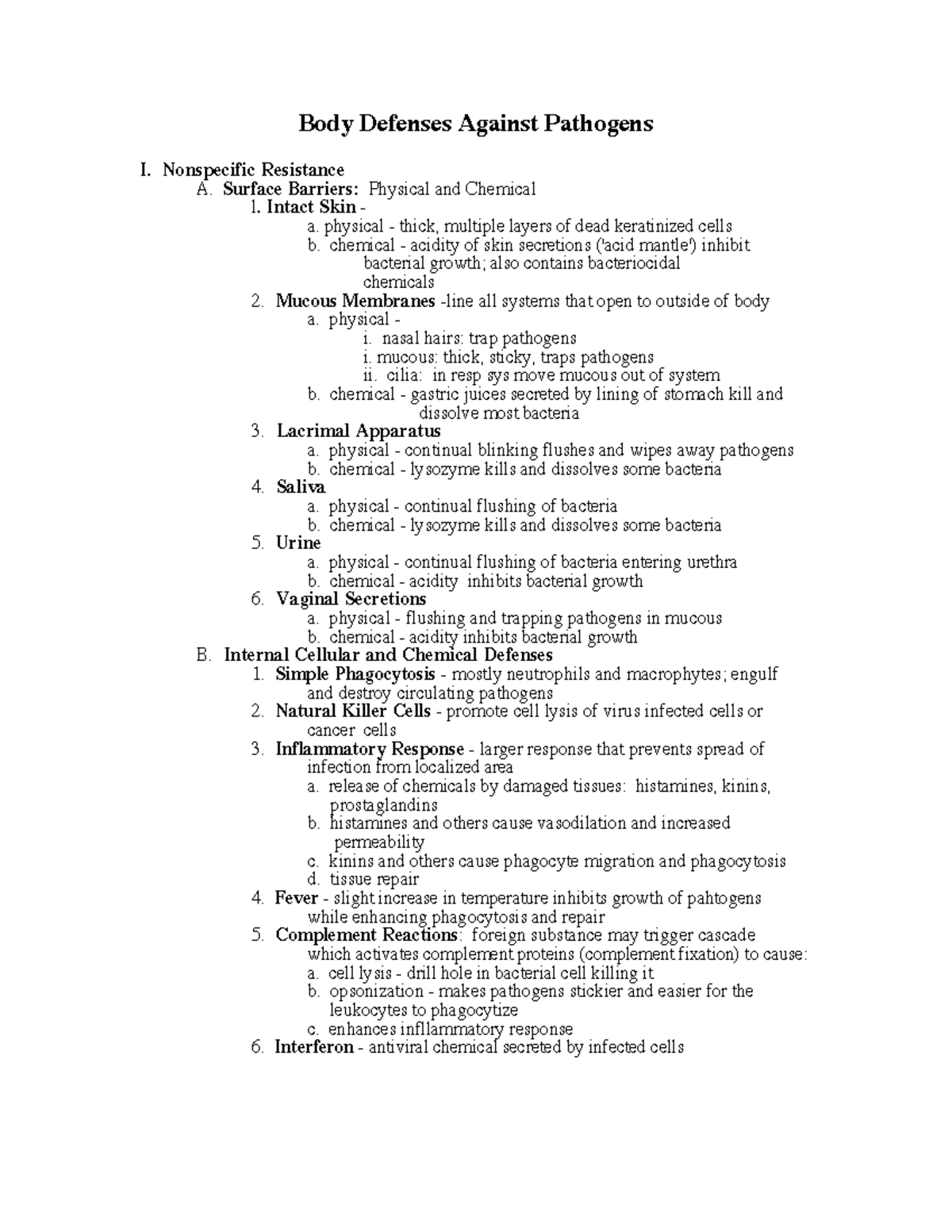 Body Defenses - study - Body Defenses Against Pathogens I. Nonspecific ...