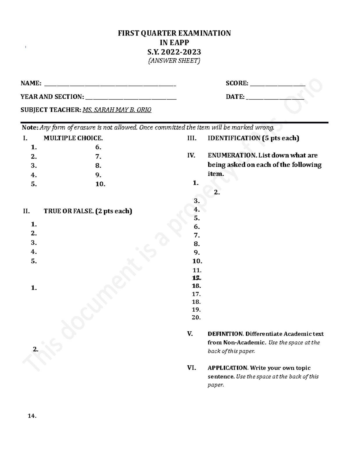 First Quarter Examination IN EAPP ( Answer Sheet) - FIRST QUARTER EXAMINATION IN EAPP S. 2022 ...