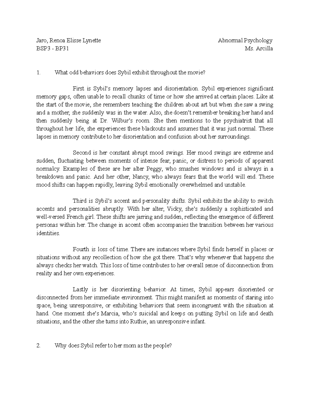 Abnormal Psych-Sybil Movie - Jaro, Renoa Elisse Lynette Abnormal ...