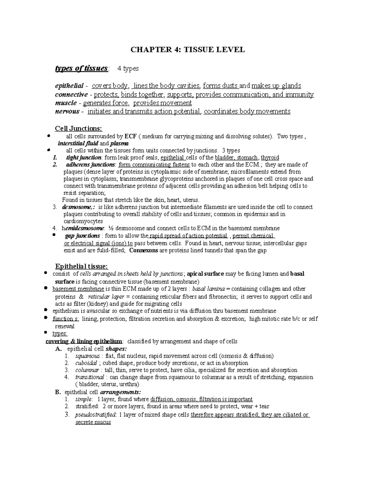 Chapter 4-t Ortora - information - CHAPTER 4: TISSUE LEVEL types of ...