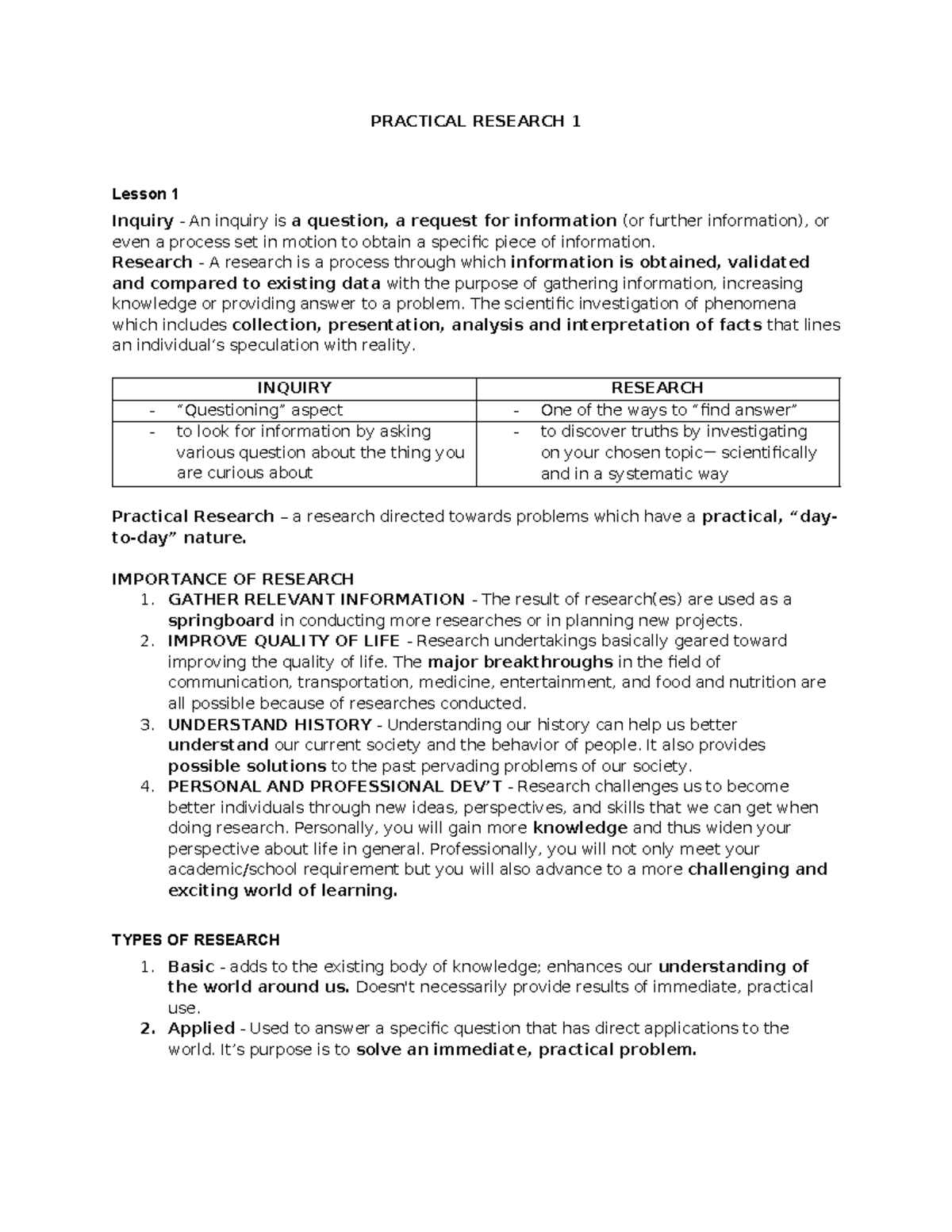Reviewer-for-PR1 - PRACTICAL RESEARCH 1 Lesson 1 Inquiry - An inquiry ...