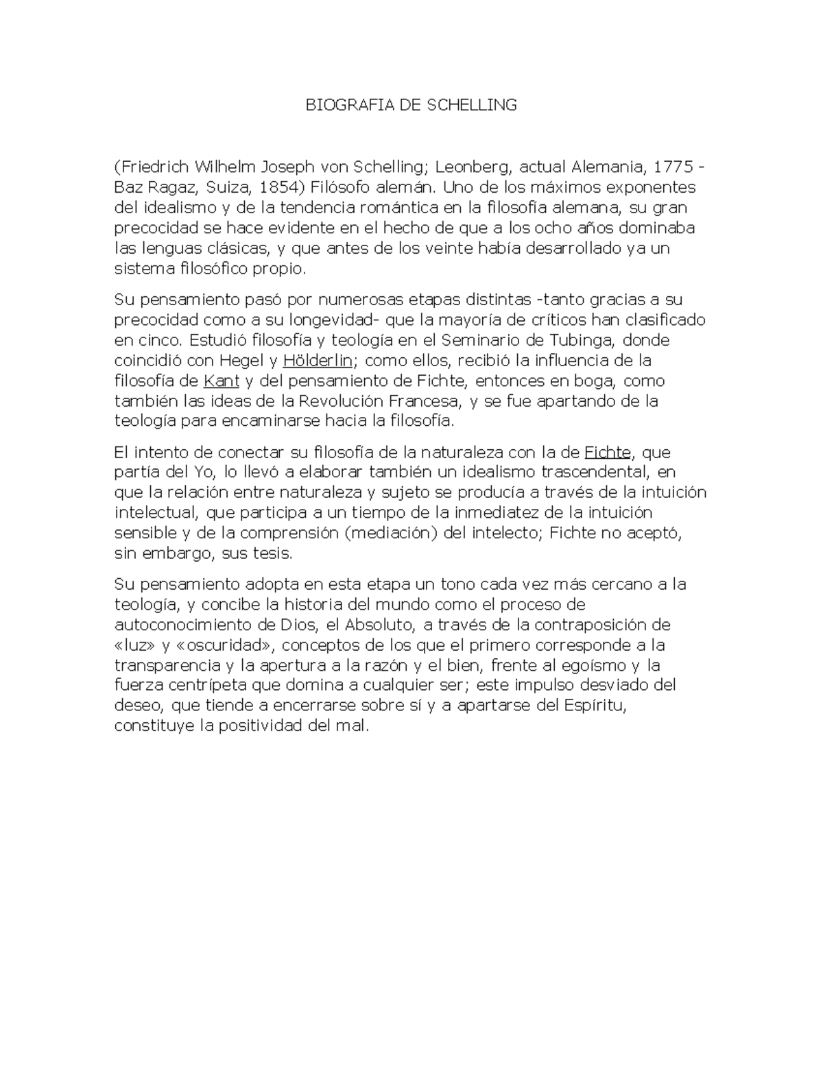 Biografia DE Schelling - BIOGRAFIA DE SCHELLING (Friedrich Wilhelm ...