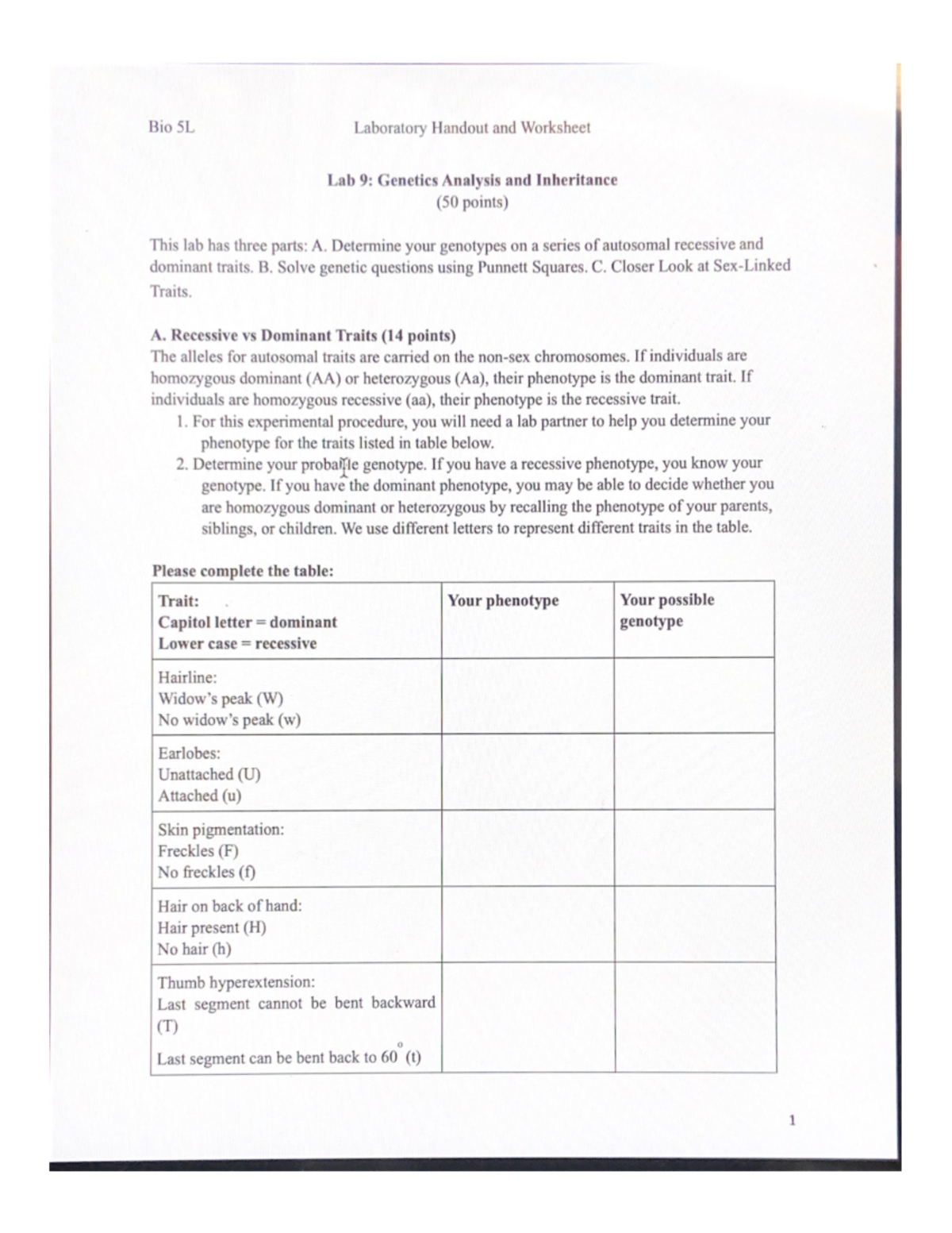 Laboratory Handout and Worksheet - Determine your genotypes on a series ...