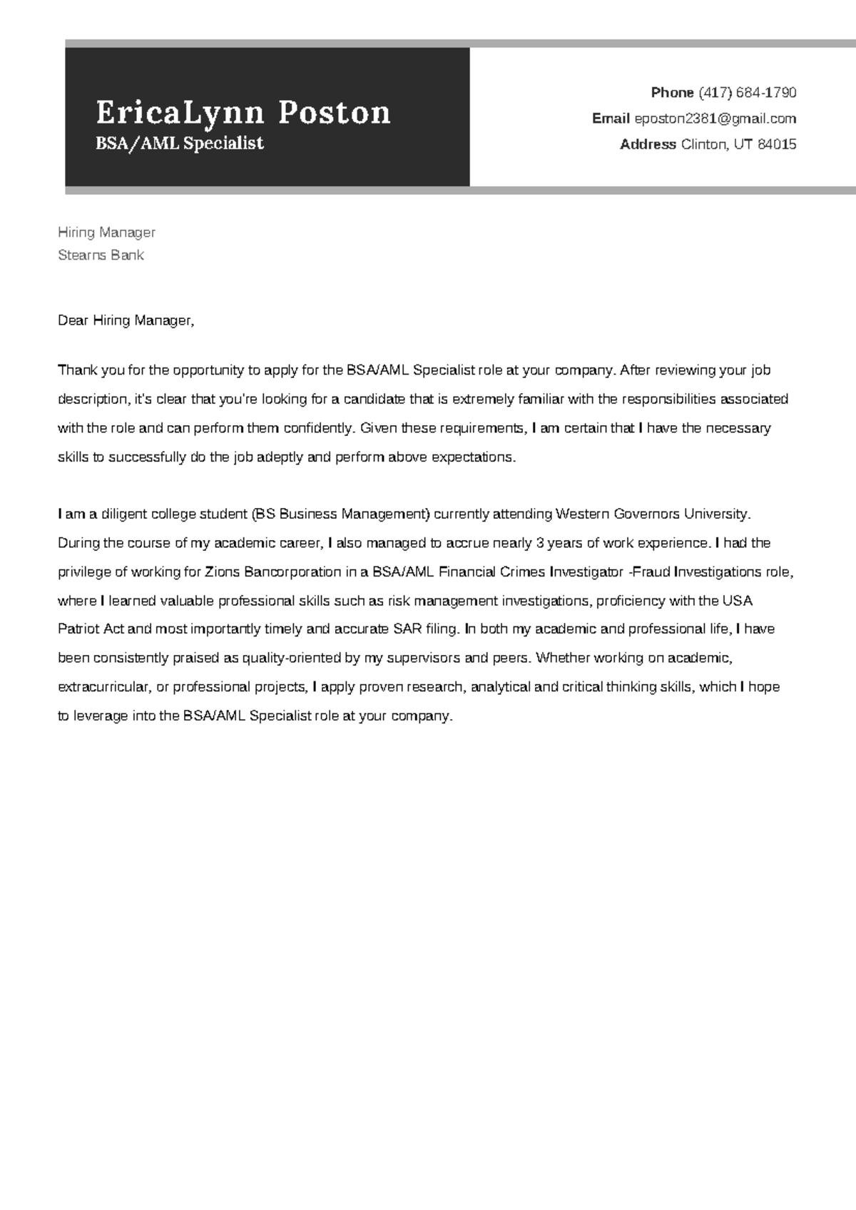 Cover Letter Resume Task Submission - EricaLynn Poston BSA/AML ...