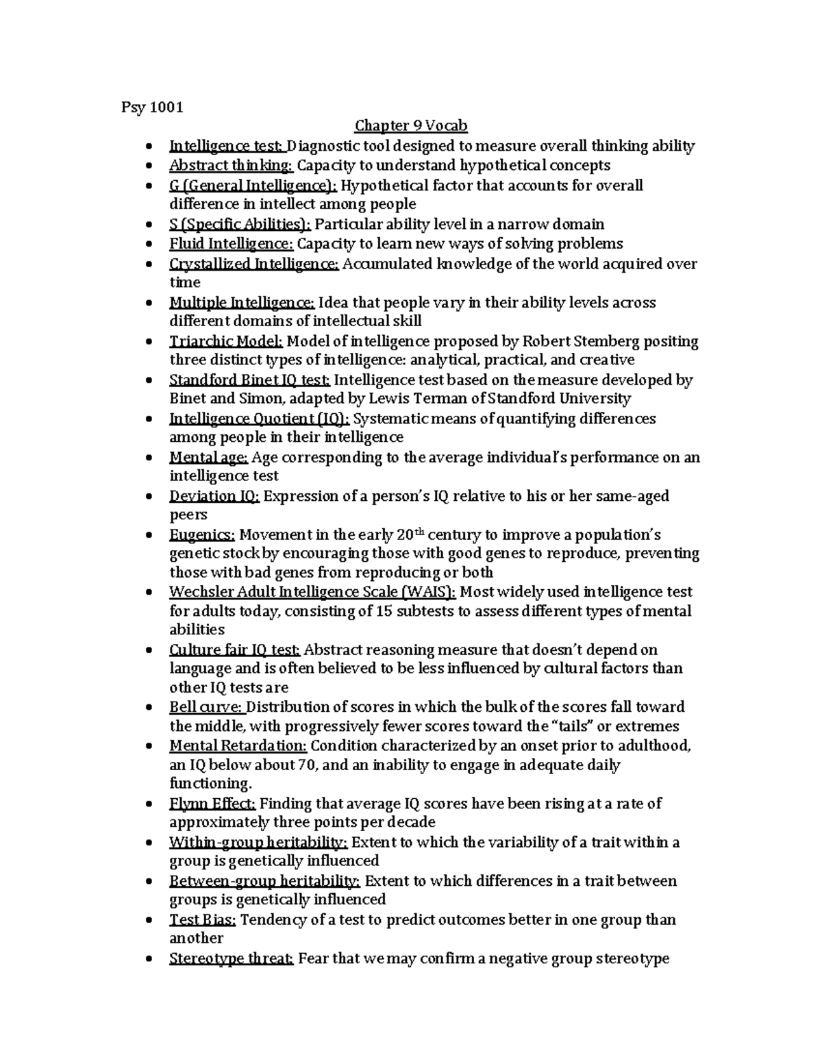 Introduction To Psychology: Chapter 9 Vocabulary - Psy 1001 Chapter 9 ...