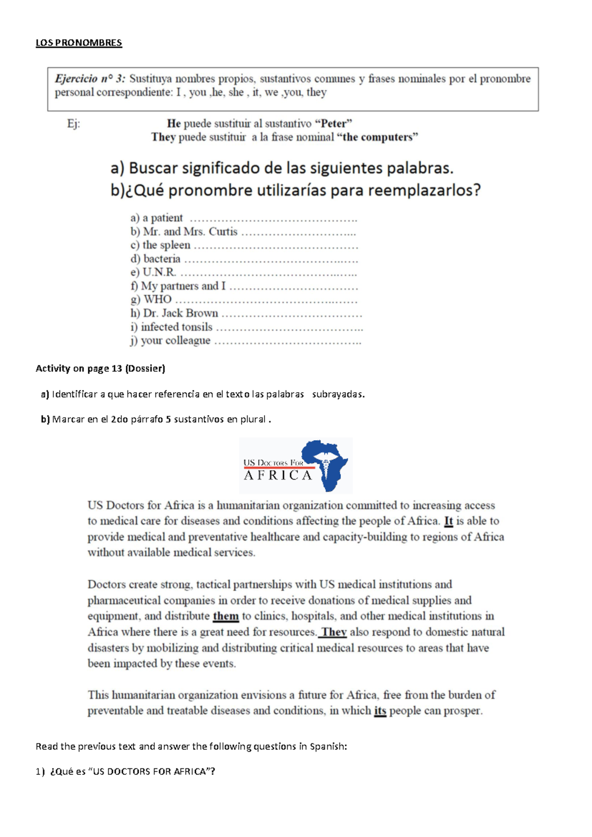 Actividades clase 2 - LOS PRONOMBRES Activity on page 13 (Dossier) a ...