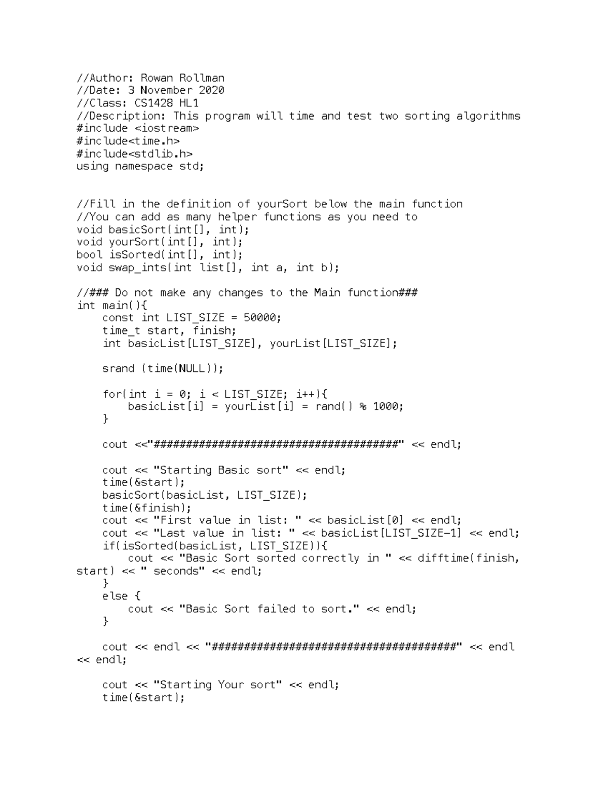 CS 1428 - Lab 9 - //Author: Rowan Rollman //Date: 3 November 2020 //Class: CS1428 HL ...