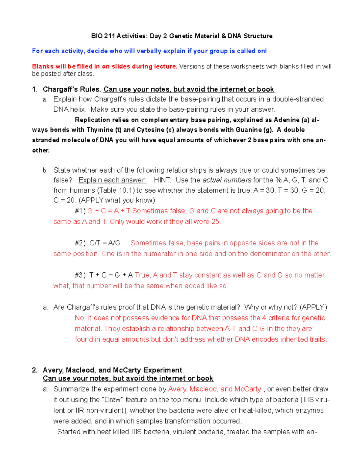 DAY 2 TI - In class activities - BIO 211 Activities: Day 2 Genetic ...