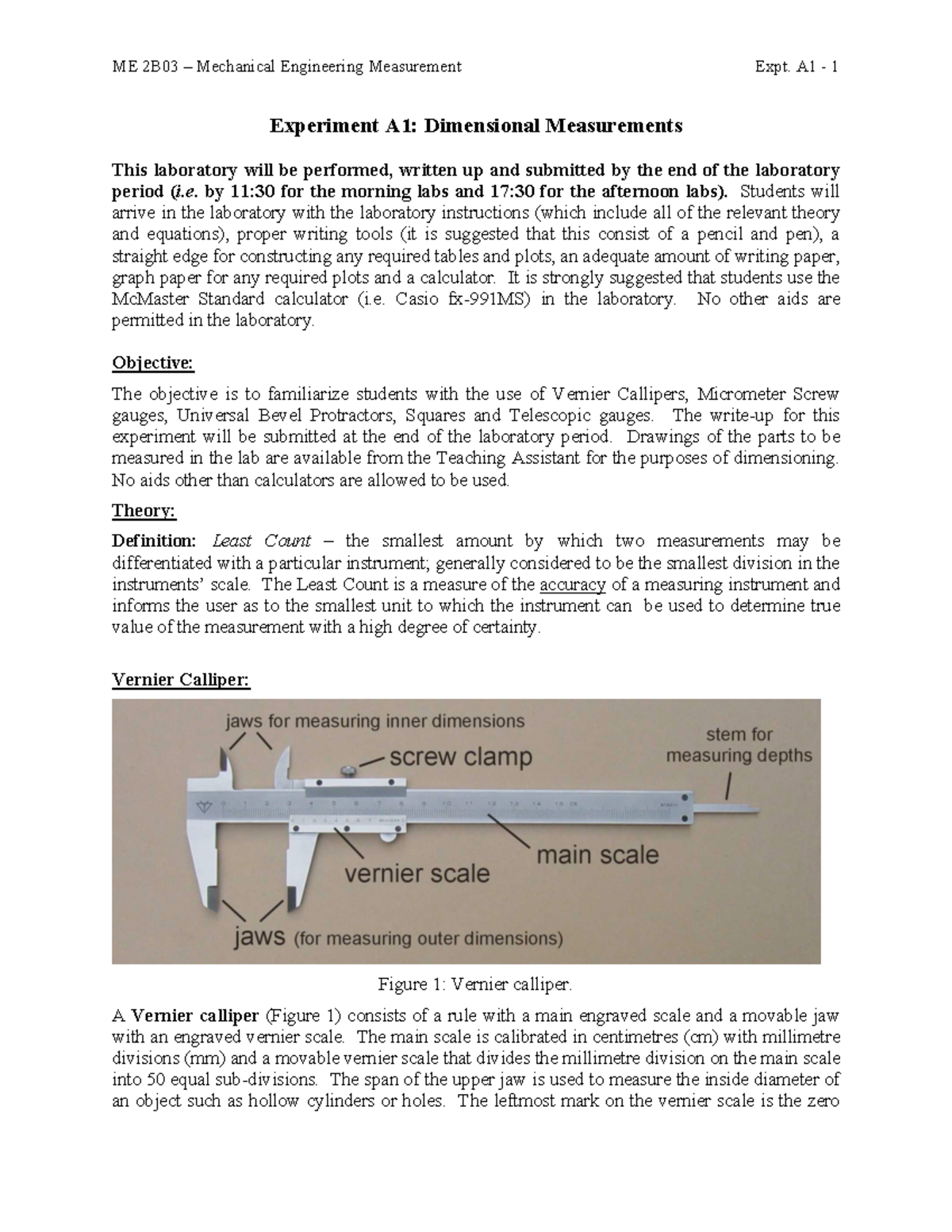 A1 Dimensional Measurements Lab Manual - Experiment A1: Dimensional ...