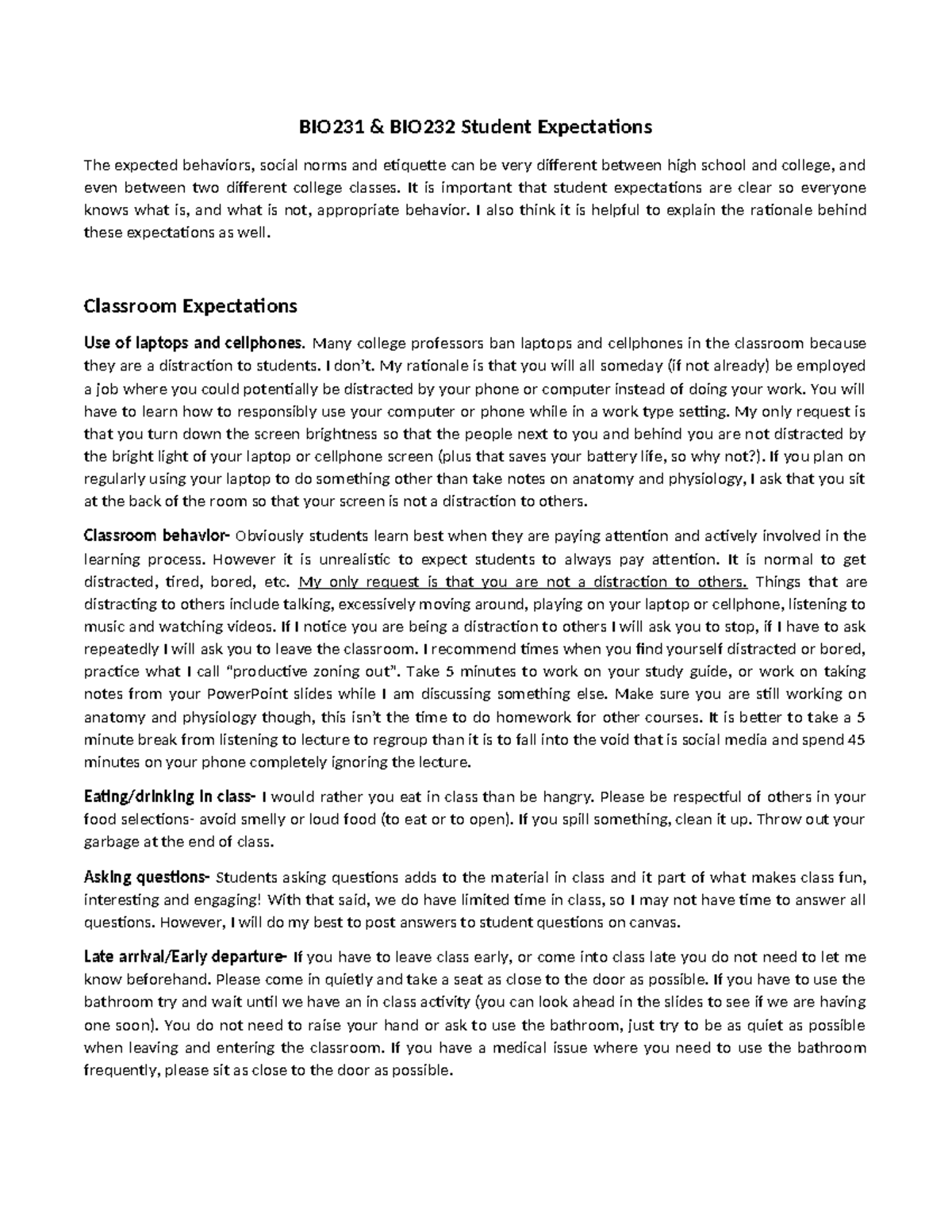 BIO232 Student expectations - BIO231 & BIO232 Student Expectations The ...