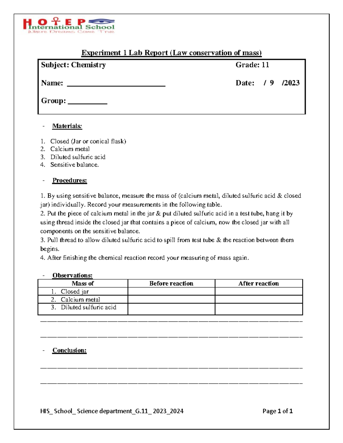 Law of conservation of mass experiment - HIS_ School_ Science ...