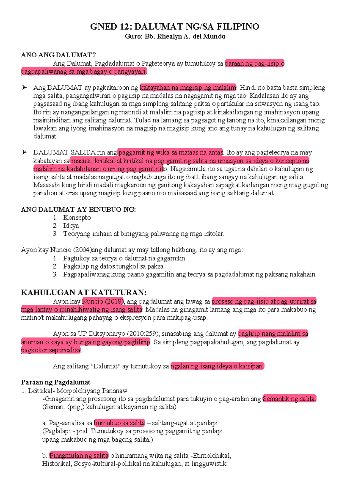 GNED-12 - gned - GNED 12: DALUMAT NG/SA FILIPINO Guro: Bb. Rhealyn A. del Mundo ANO ANG DALUMAT ...