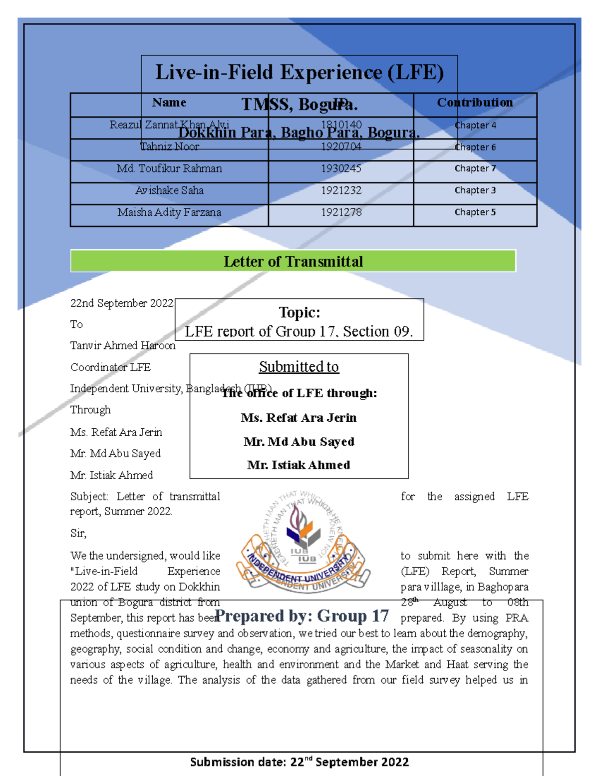 LFE Report - Prepared by: Group 17 Name ID Contribution Reazul Zannat Khan Alvi 1810140 Chapter ...