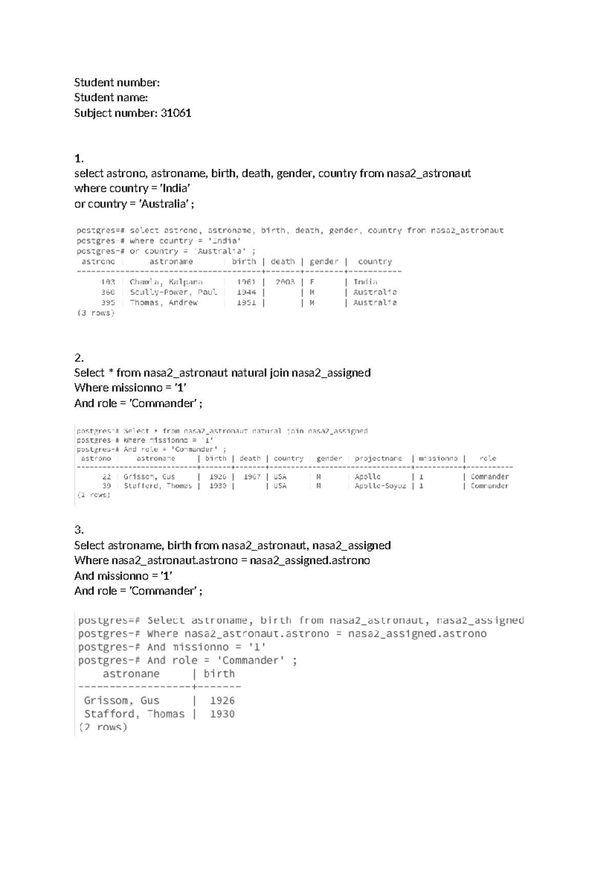 SQL test 1 - SQL test - Student number: Student name: Subject number ...