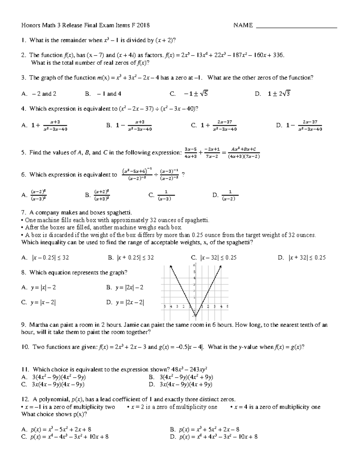 2018 FALL Released Items - Honors Math 3 Release Final Exam Items F ...