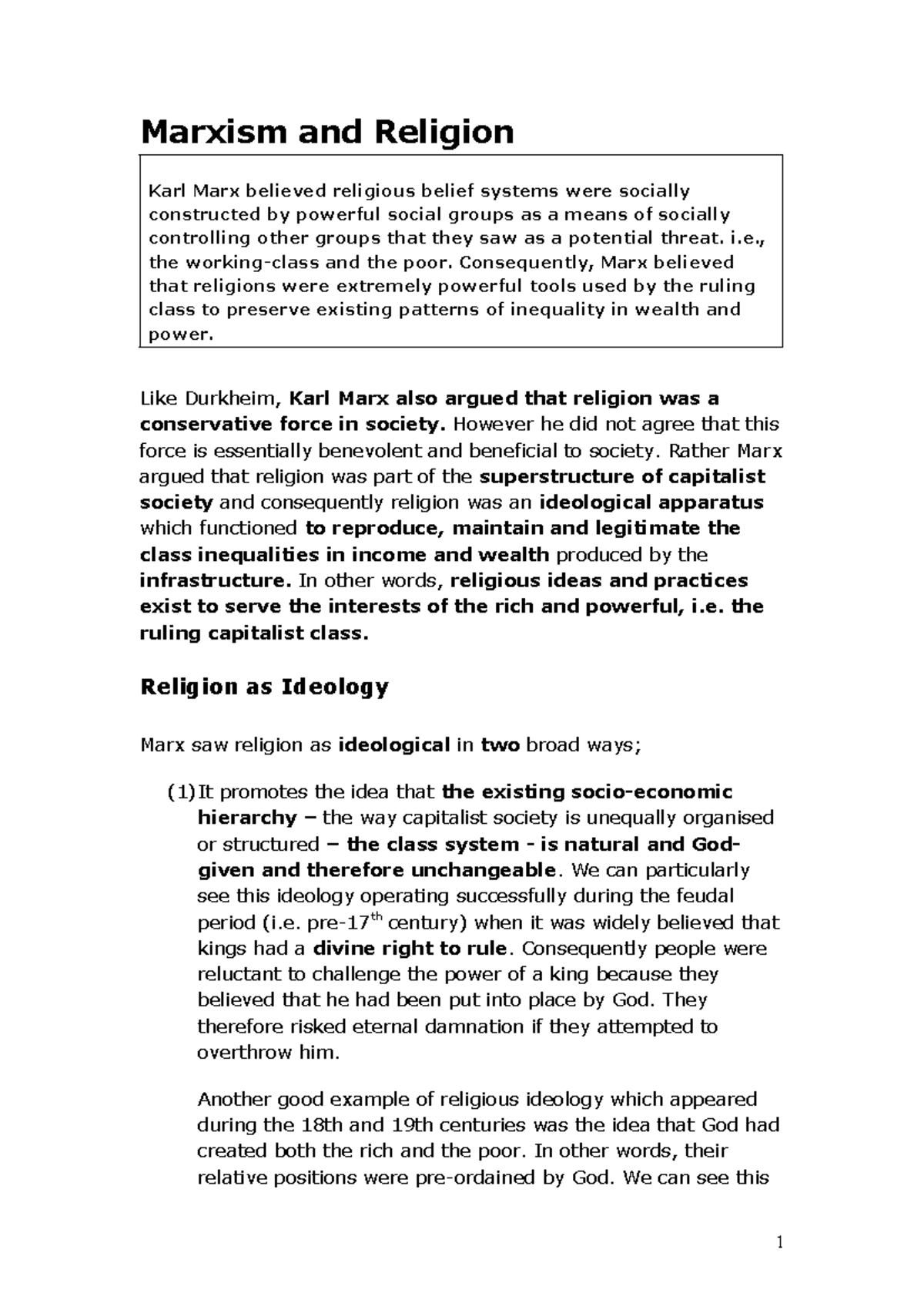 6. Marxism - detailed notes - Marxism and Religion Karl Marx believed ...