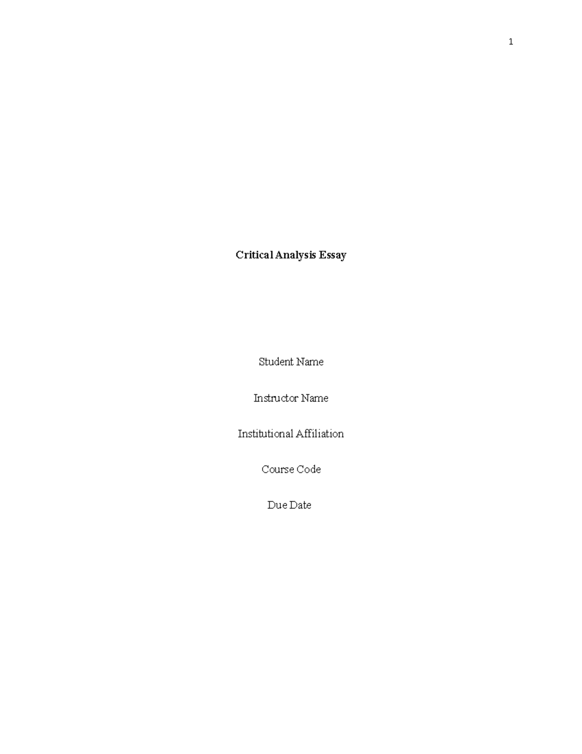 Critical Analysis Essay - Critical Analysis Essay Student Name ...