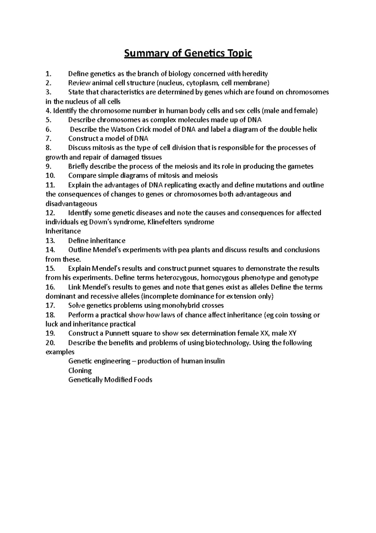 01.Summary of Genetics Topic - Summary of Genetics Topic Define ...