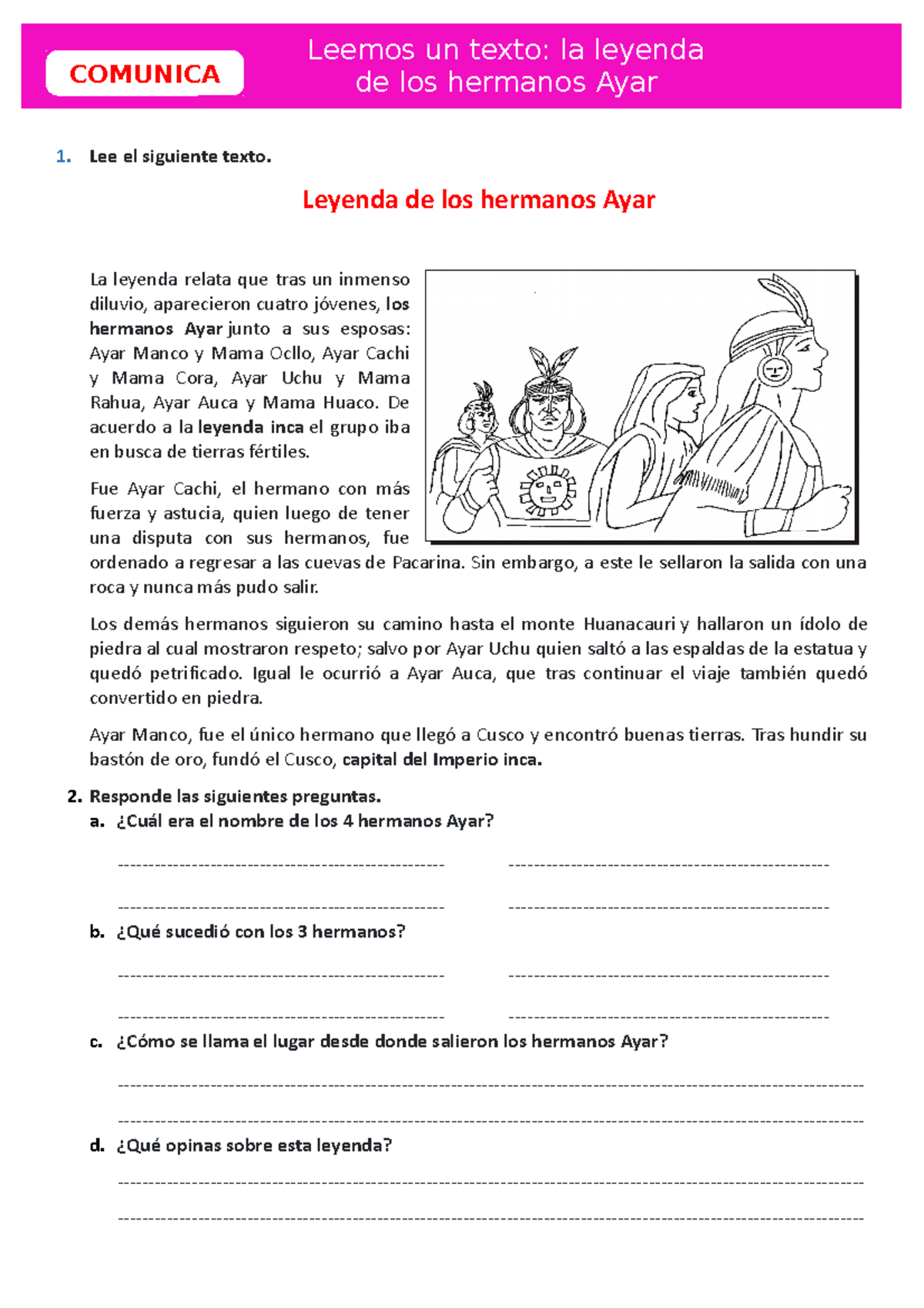 D4 A1 Ficha COM. Leemos un texto la leyenda de los hermanos Ayar - Lee ...