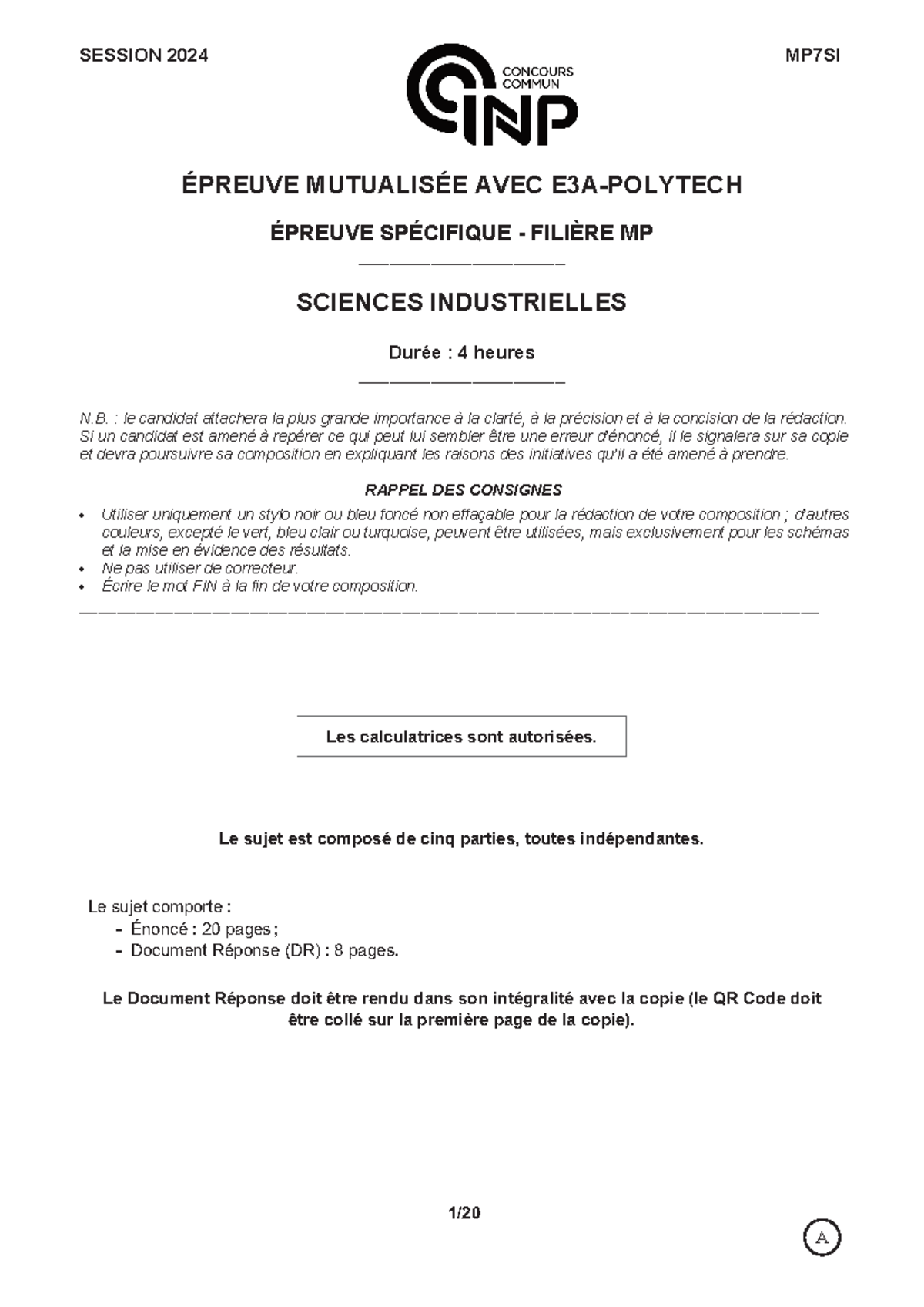 2024 MP7SI - nothing - SESSION 2024 MP7SI ÉPREUVE MUTUALISÉE AVEC E3A-POLYTECH ÉPREUVE ...