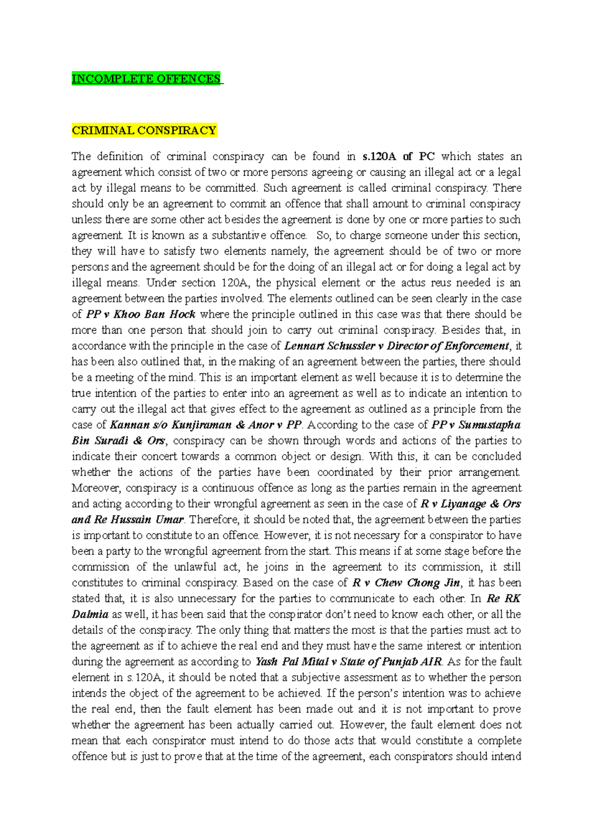 Criminal Conspiracy (s.120A of PC) - INCOMPLETE OFFENCES CRIMINAL ...