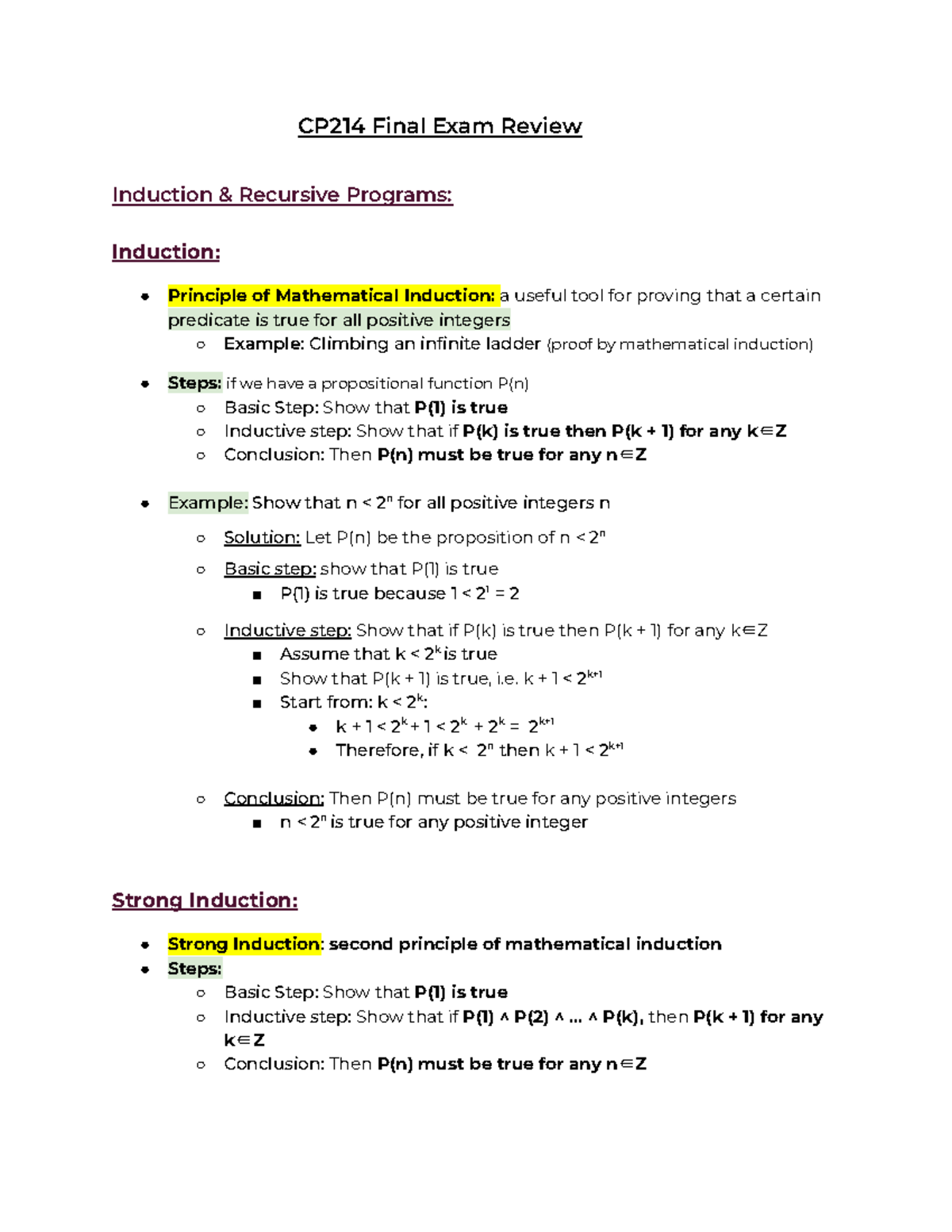 214 Final PREP - CP214 Final Exam Review Induction & Recursive Programs: Induction: Principle ...