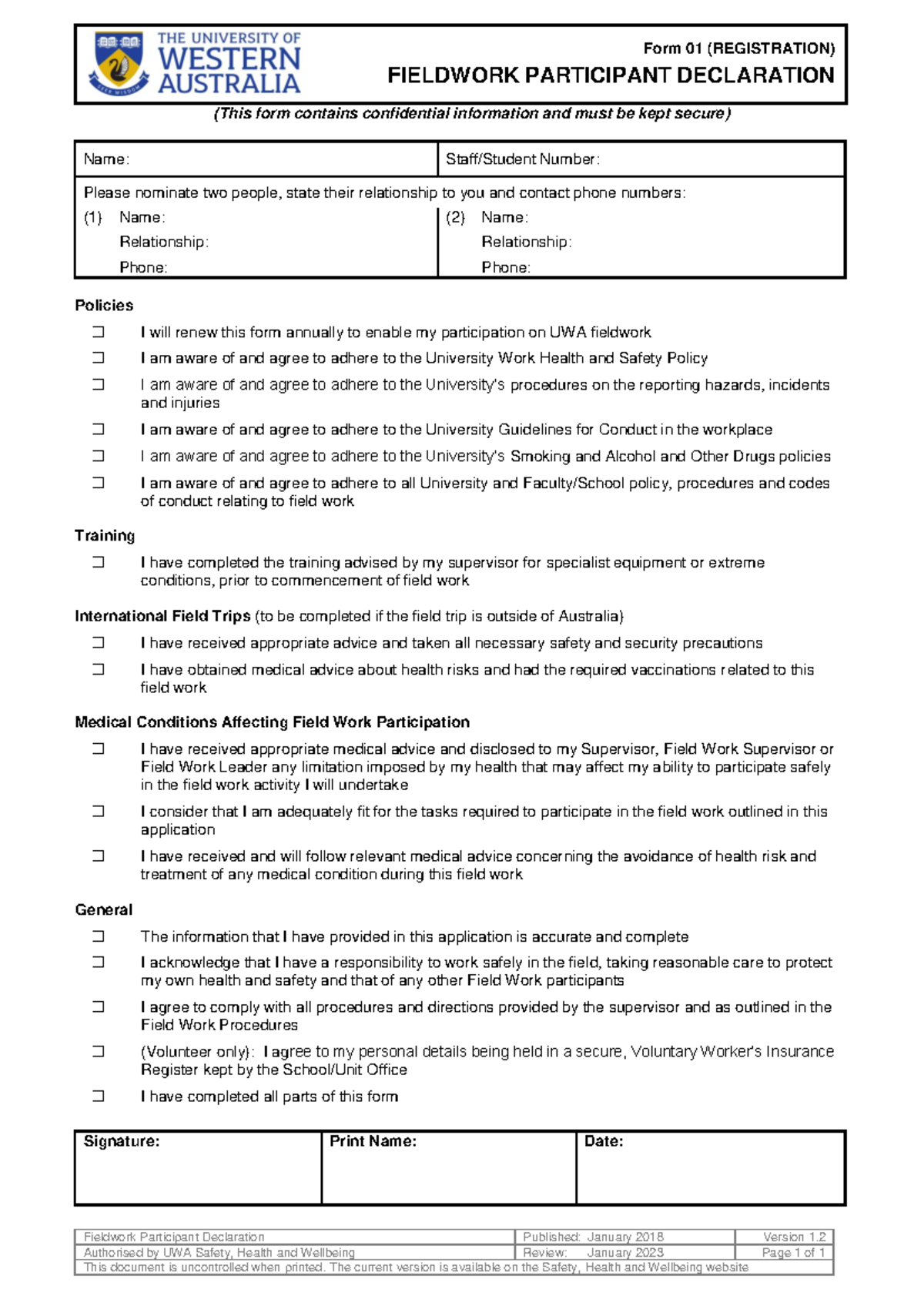 Form 01 Registration Fieldwork Participant Declaration v1 2 - Fieldwork ...