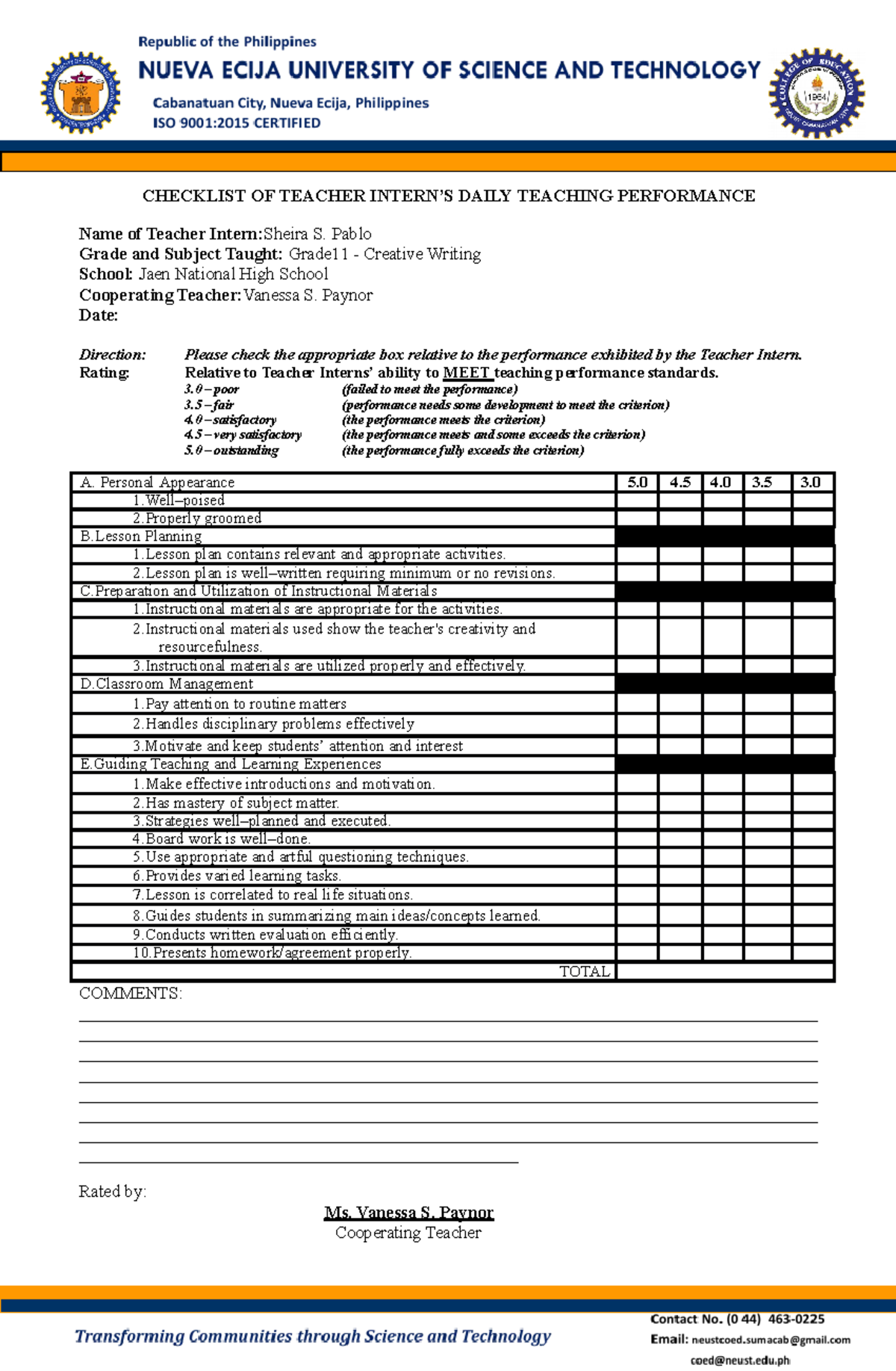 Daily- Teaching- Forms - CHECKLIST OF TEACHER INTERN’S DAILY TEACHING ...