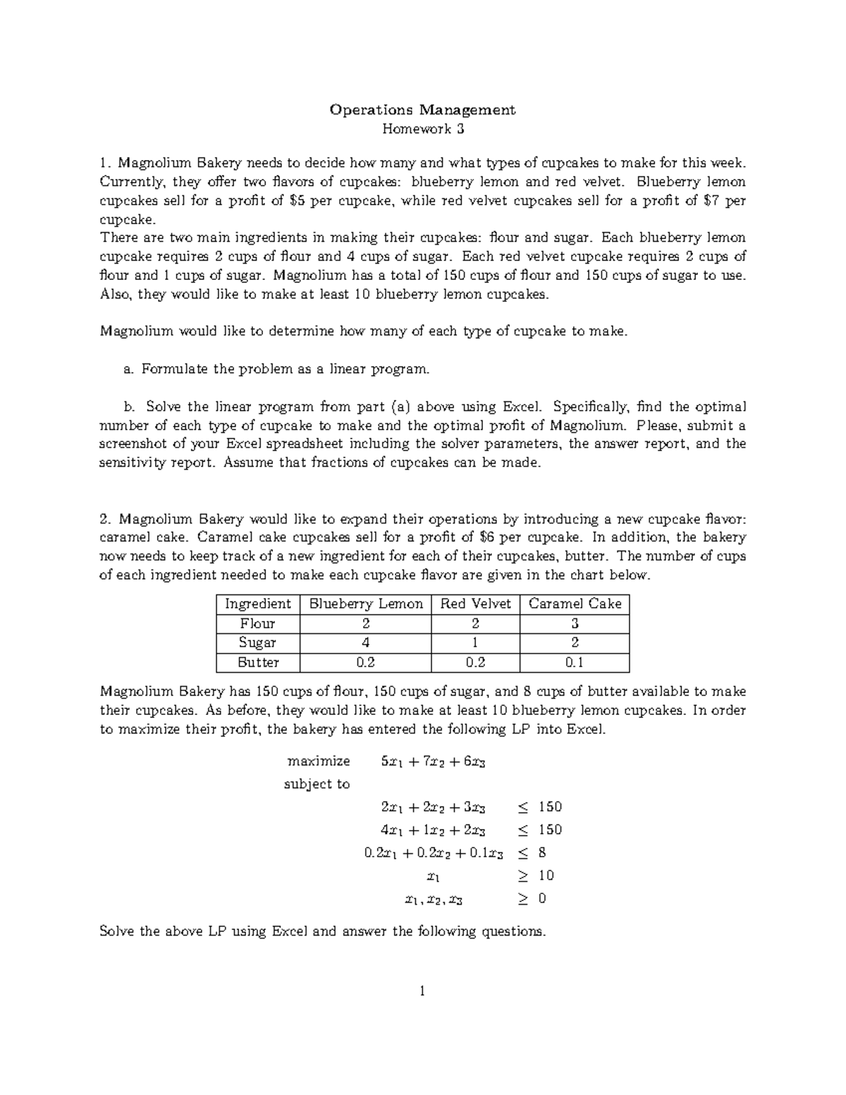 Homework 3 (1) - H1 AND H2 - MODULE 1-3 - Operations Management Homework 3 Magnolium Bakery ...
