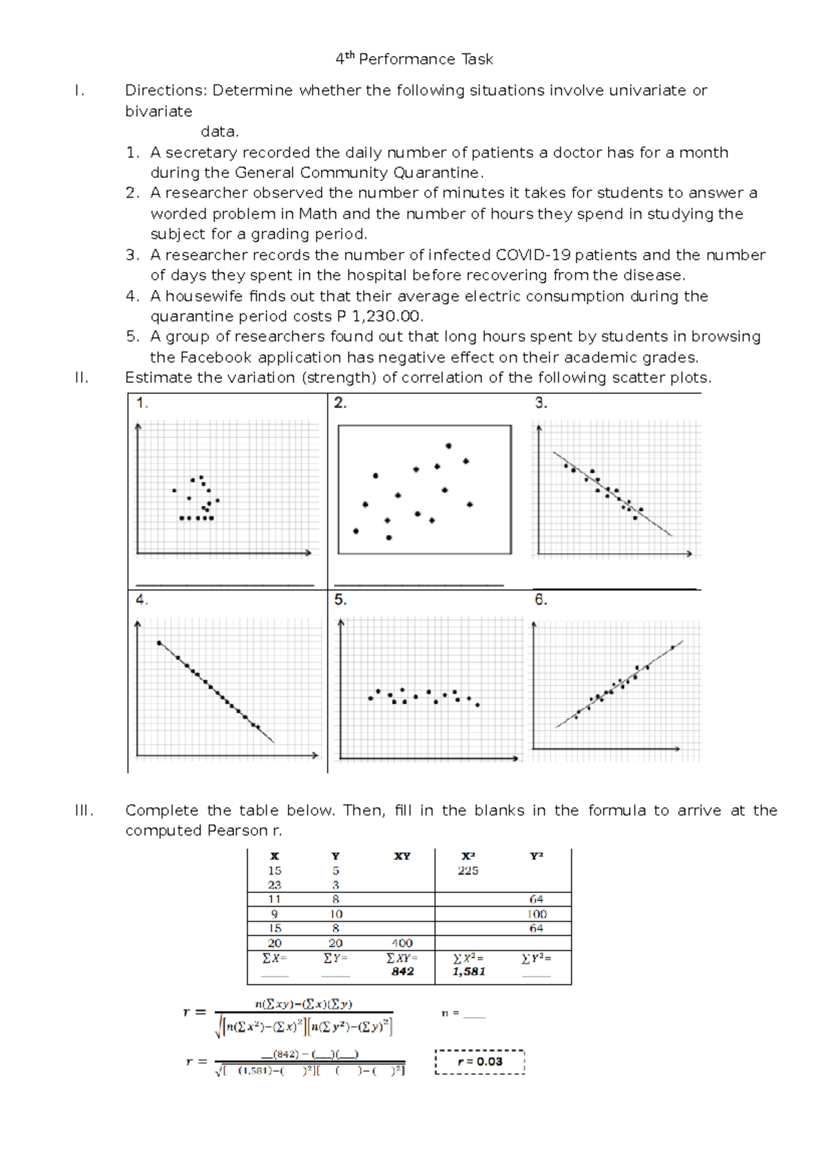 4th Summative and Peta - 4 th Performance Task I. Directions: Determine ...