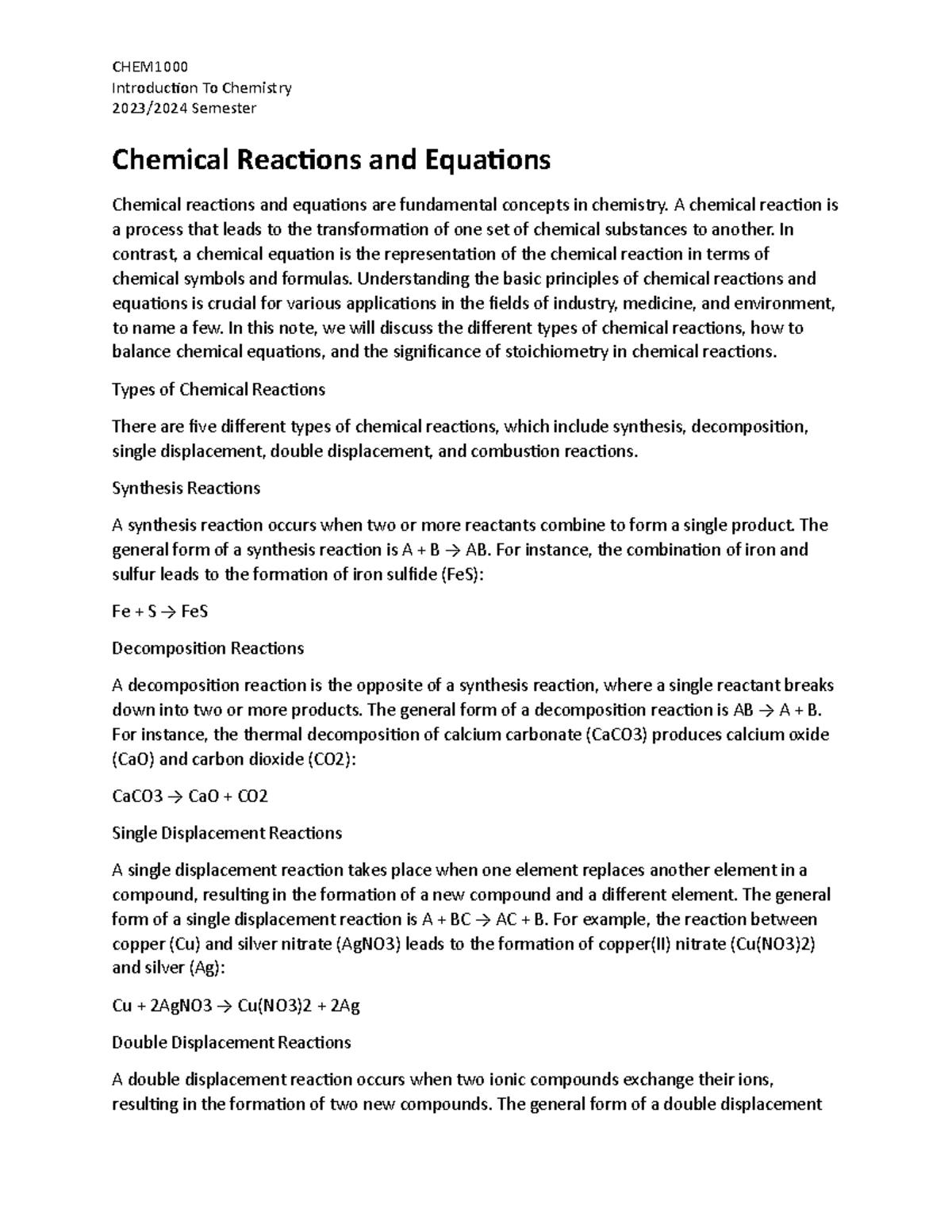 Chemical reactions and equations - CHEM Introduction To Chemistry 2023/ ...