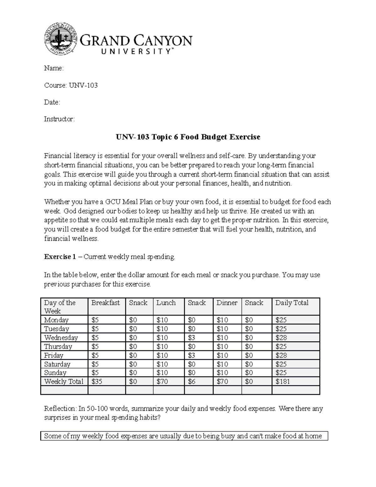 UNV-103-RS-T6 Food Budget Exercise - Name: Course: UNV- Date ...